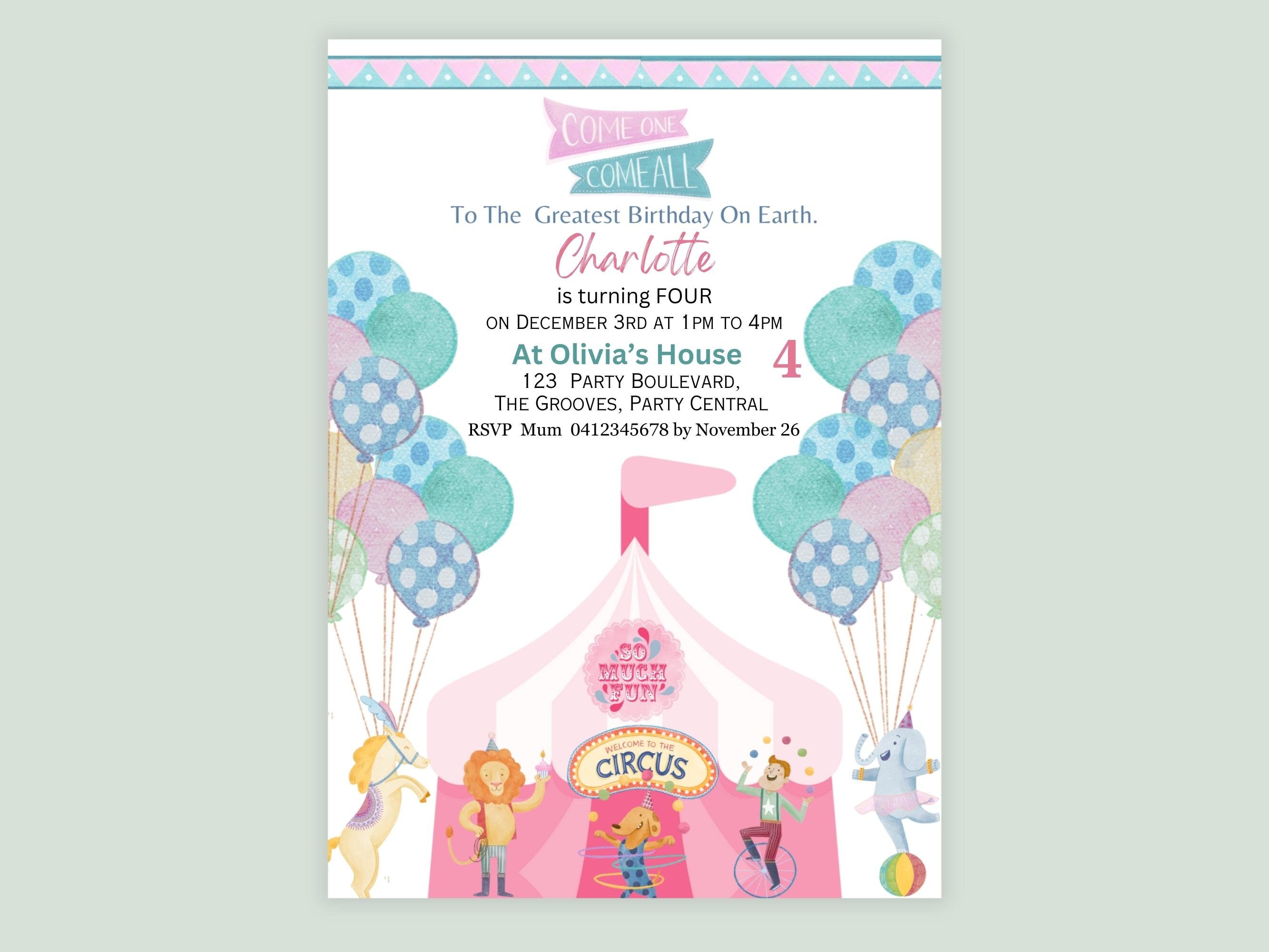 Editable Circus Theme Birthday Invitation. 5x7 Instant Download ...