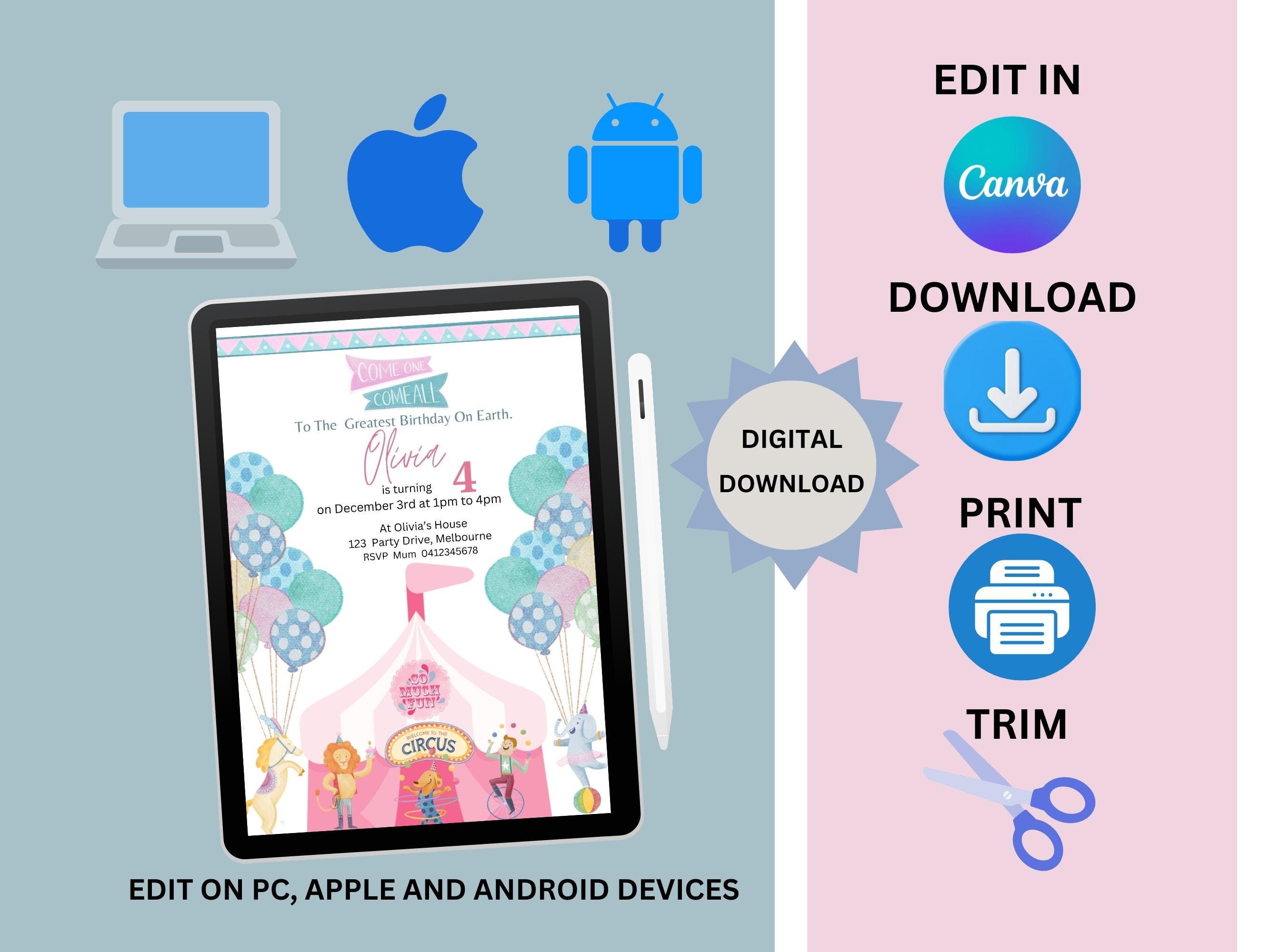 Editable Circus Theme Birthday Invitation. 5x7 Instant Download ...