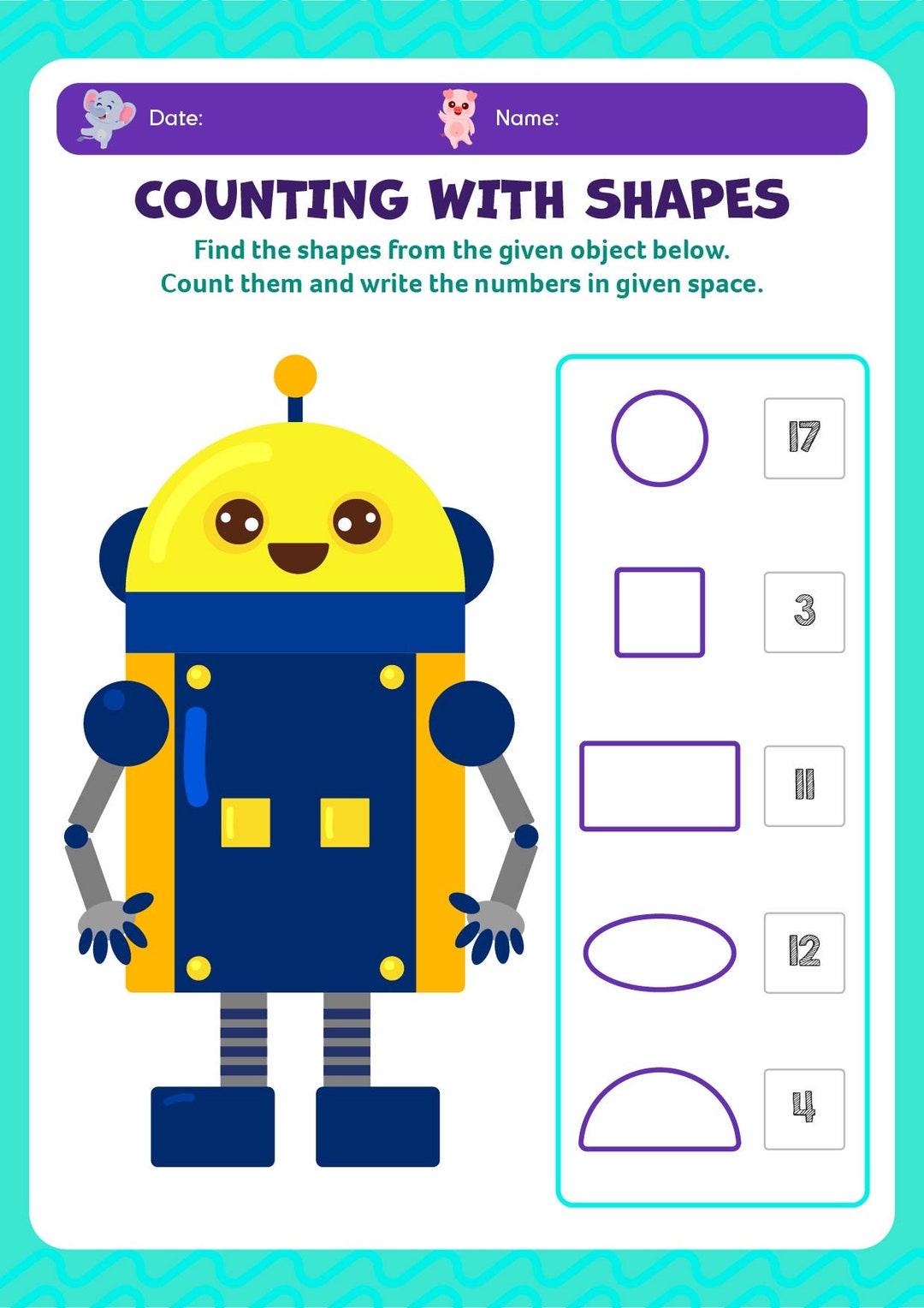 Set of 10 Counting With Shapes Digital Worksheets, Stickers, Kids ...