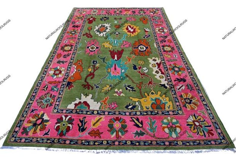 Green Pink Turkish Oushak Rug – Hand Knotted Wool Carpet | Vintage ...