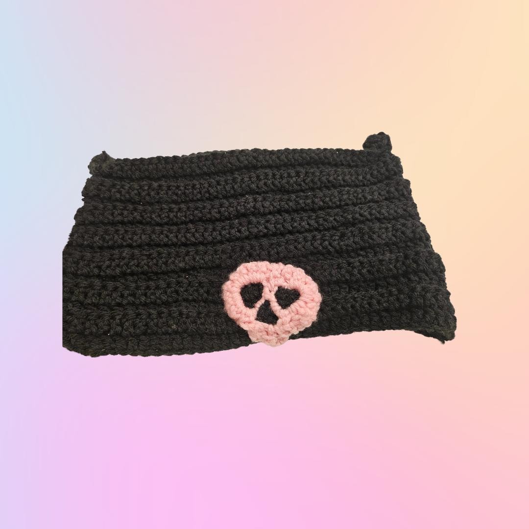 Kuromi-inspired Crochet Hat, Kawaii Black Beanie, Pink Skull Design ...