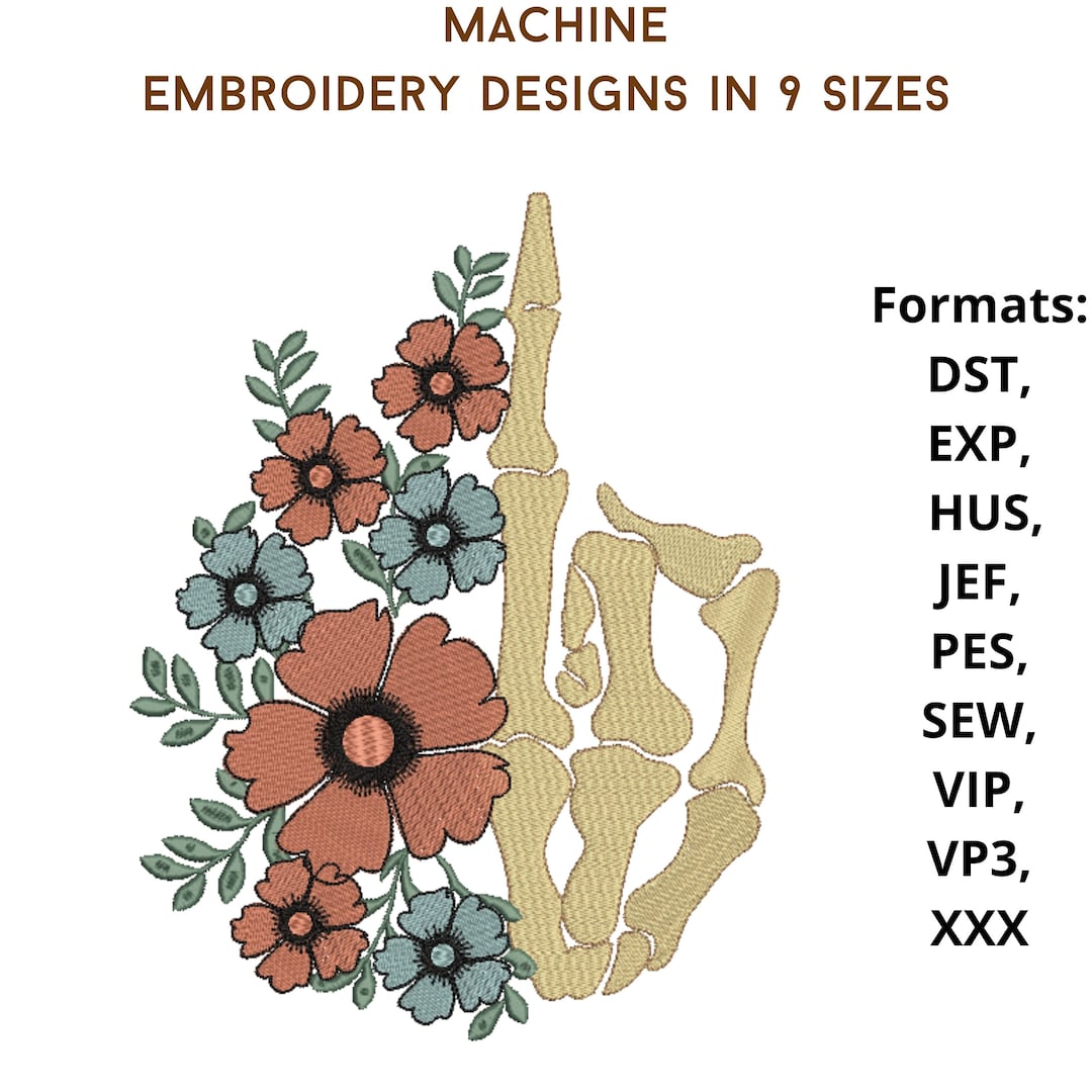 Flower Skeleton Middle Finger Embroidery Design Floral Skull Hand ...