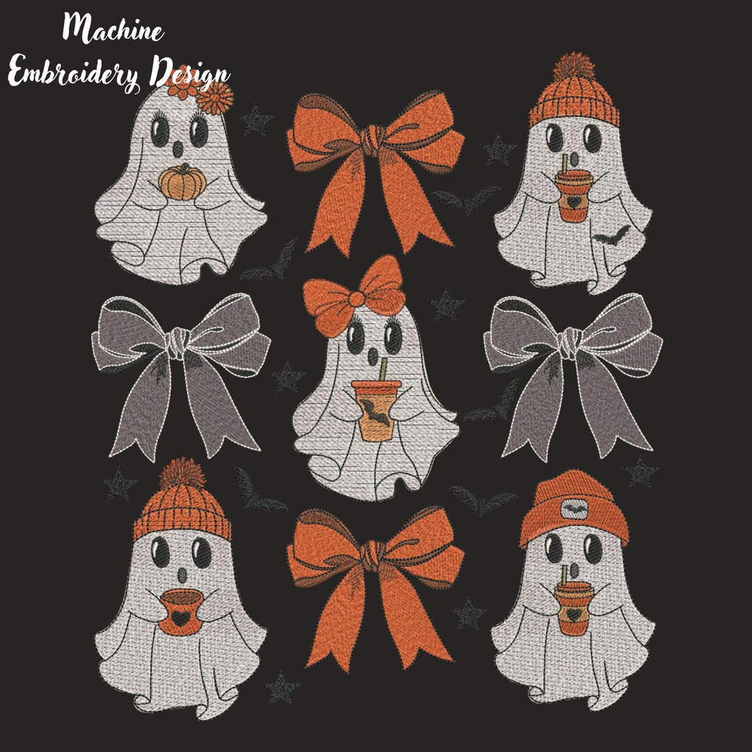 Machine Embroidery Design Cute Ghost Five Ghosts Coffee Halloween Bow ...
