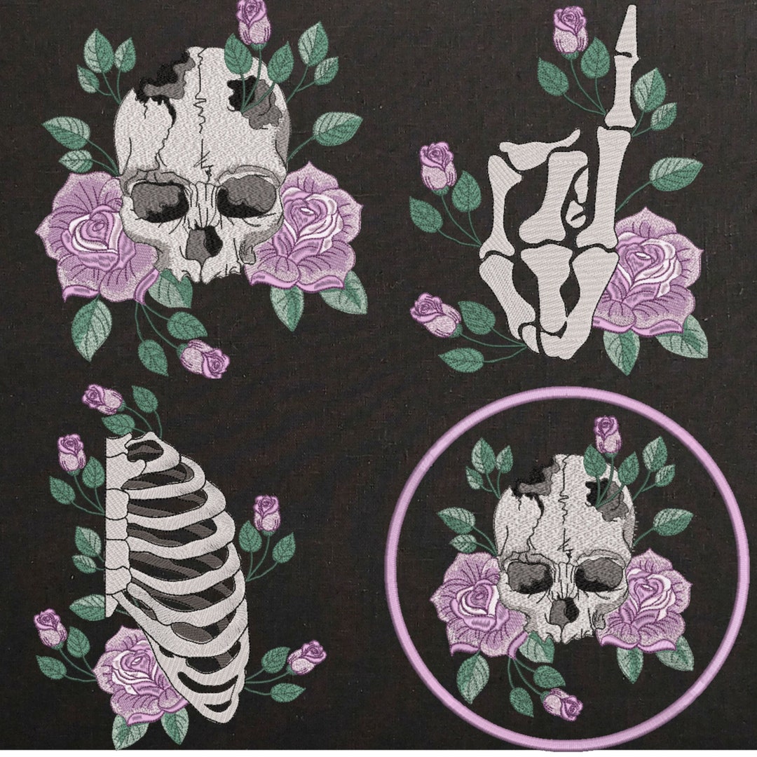 Set of 4 Skull and Skeleton With Roses Machine Embroidery Design Floral ...