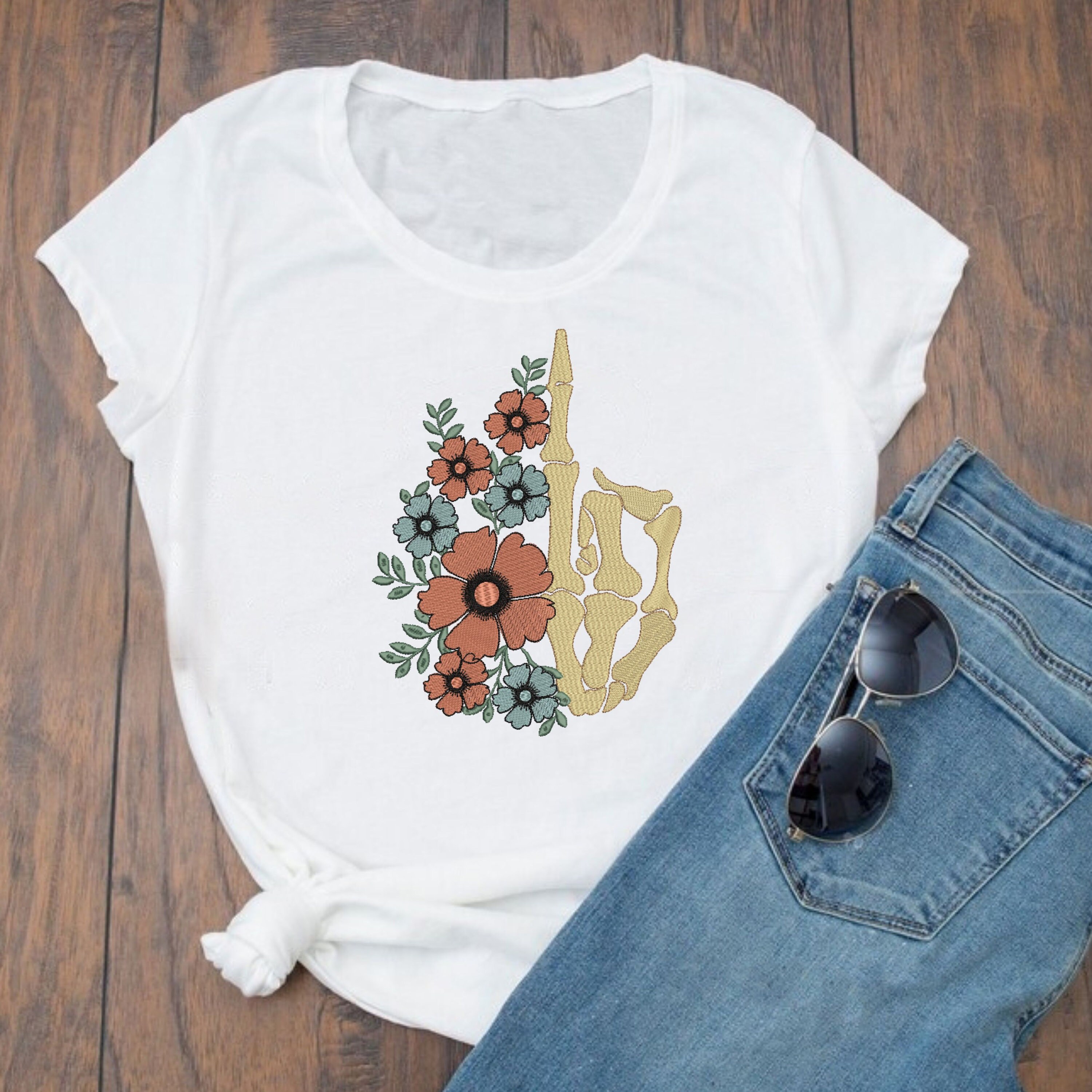 Flower Skeleton Middle Finger Machine Embroidery Design Floral Skull ...