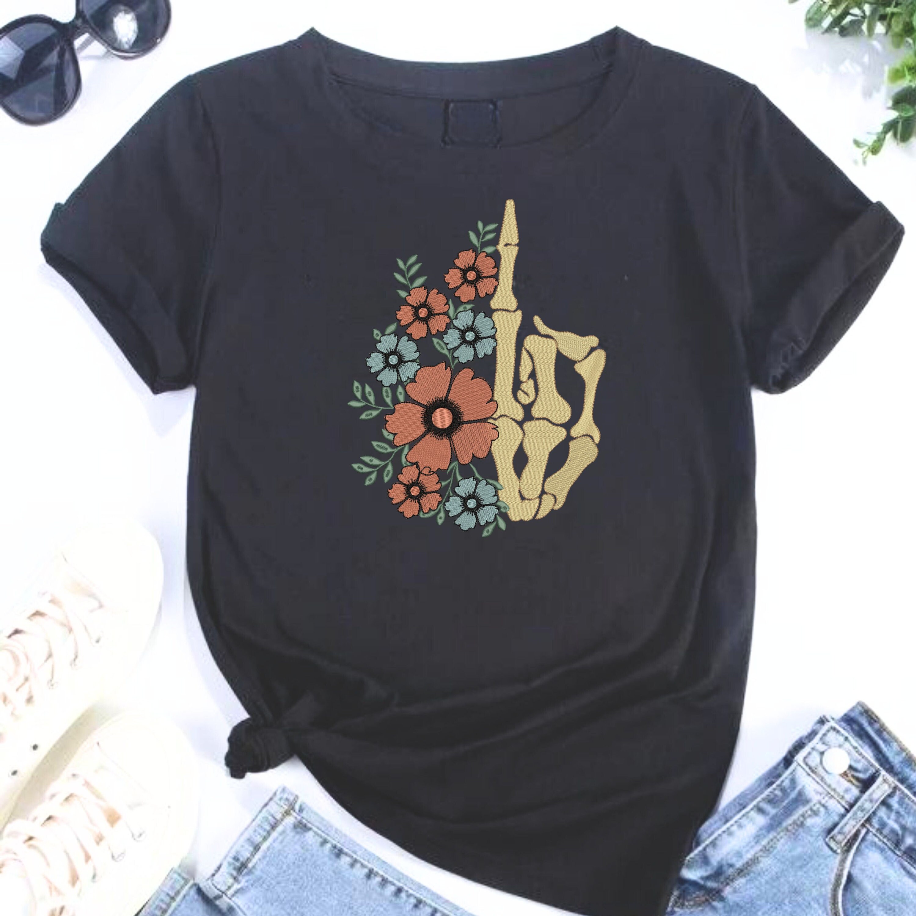 Flower Skeleton Middle Finger Machine Embroidery Design Floral Skull ...