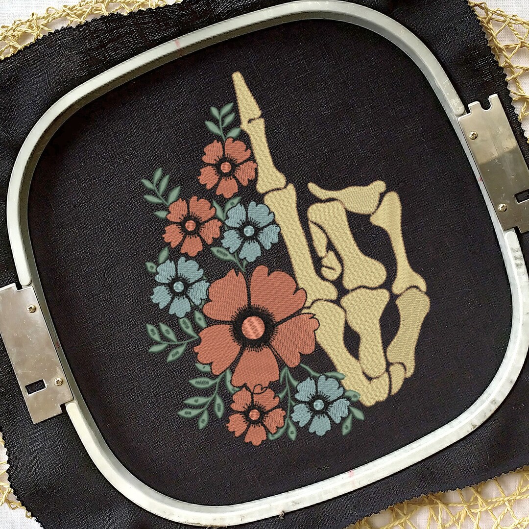 Flower Skeleton Middle Finger Machine Embroidery Design Floral Skull ...