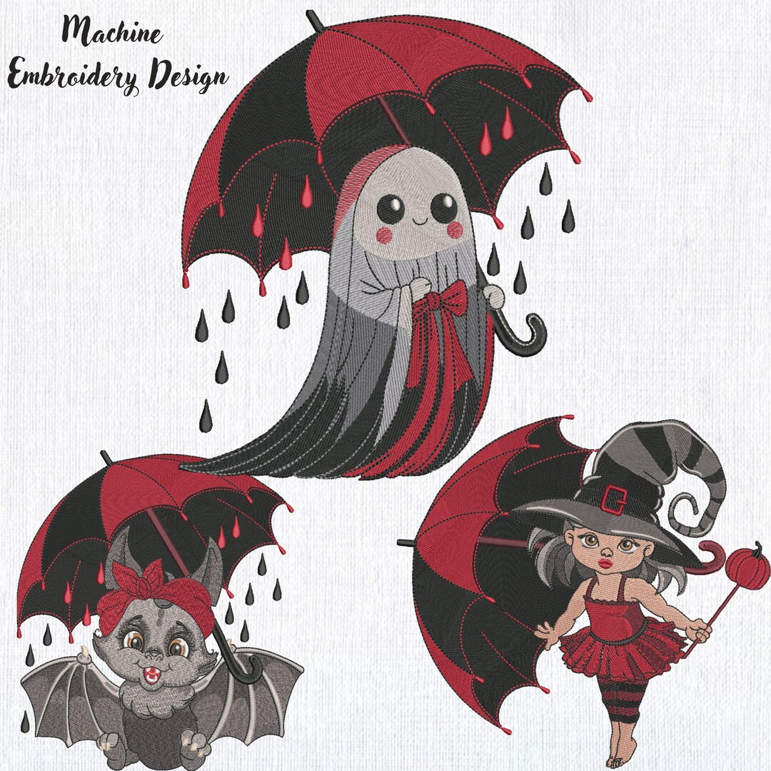 Set of 3 Cute Baby Ghost, Bat, Girl With Umbrella Machine Embroidery ...