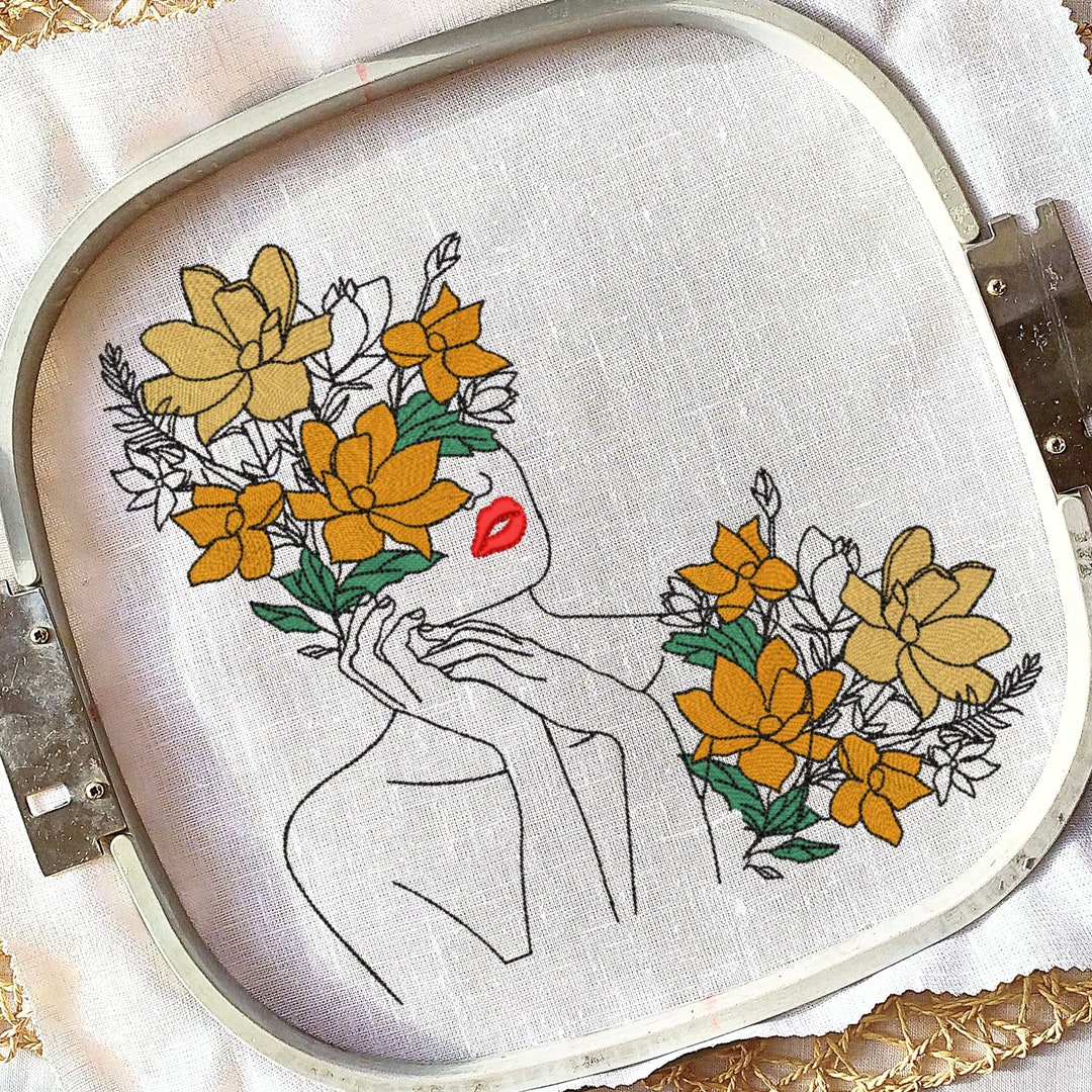 Face Young Beautiful Woman With Floral Machine Embroidery Design Woman ...