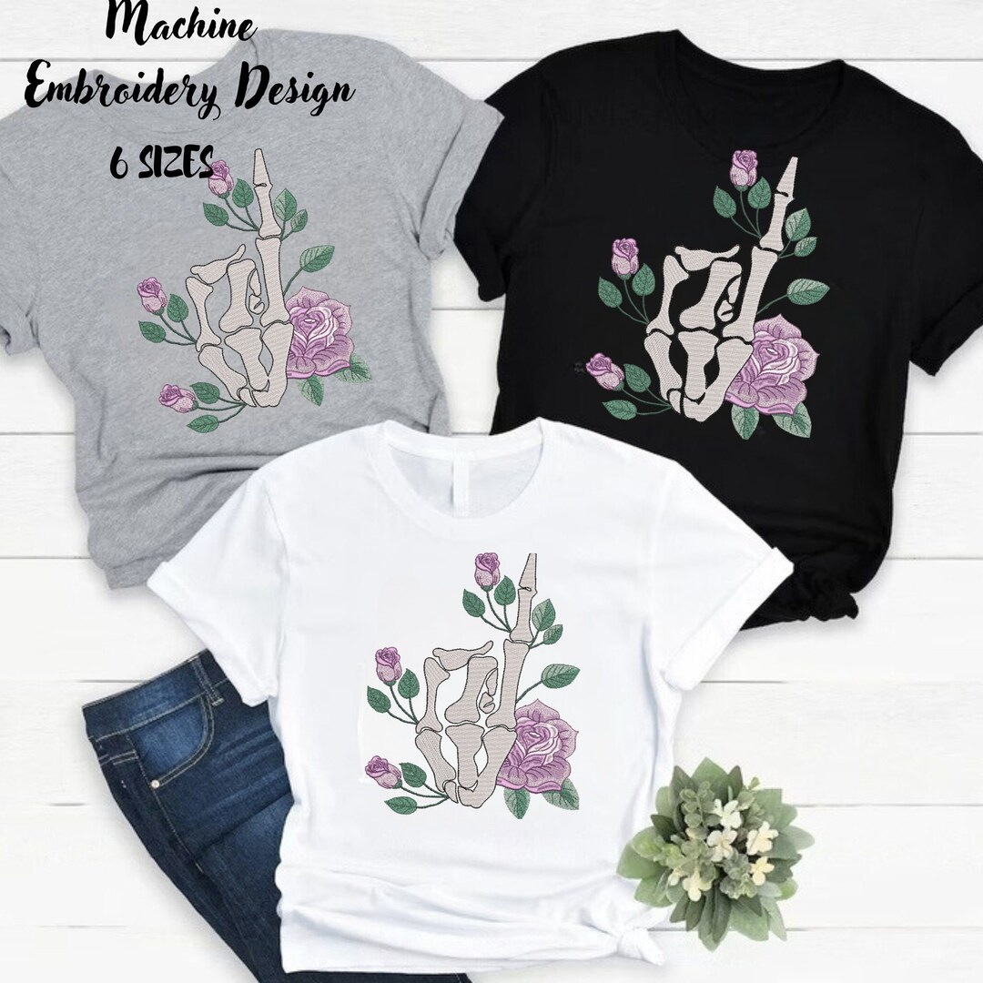 Roses Skeleton Middle Finger Machine Embroidery Design for T-shirts ...