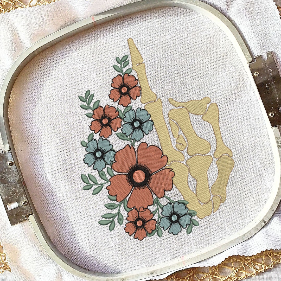 Flower Skeleton Middle Finger Machine Embroidery Design Floral Skull ...