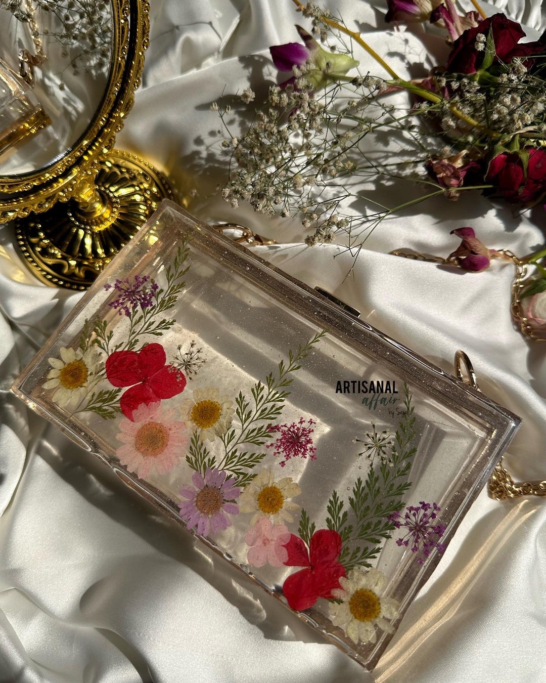 Resin Flower Clutch Bag | Pressed Botanical Purse | Bridal Evening Bag ...