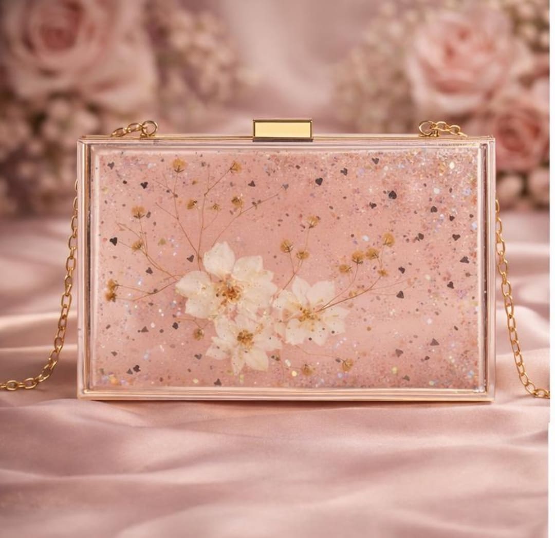 Pink Floral Resin Clutch | Handmade Dried Flower Purse With Gold Chain ...