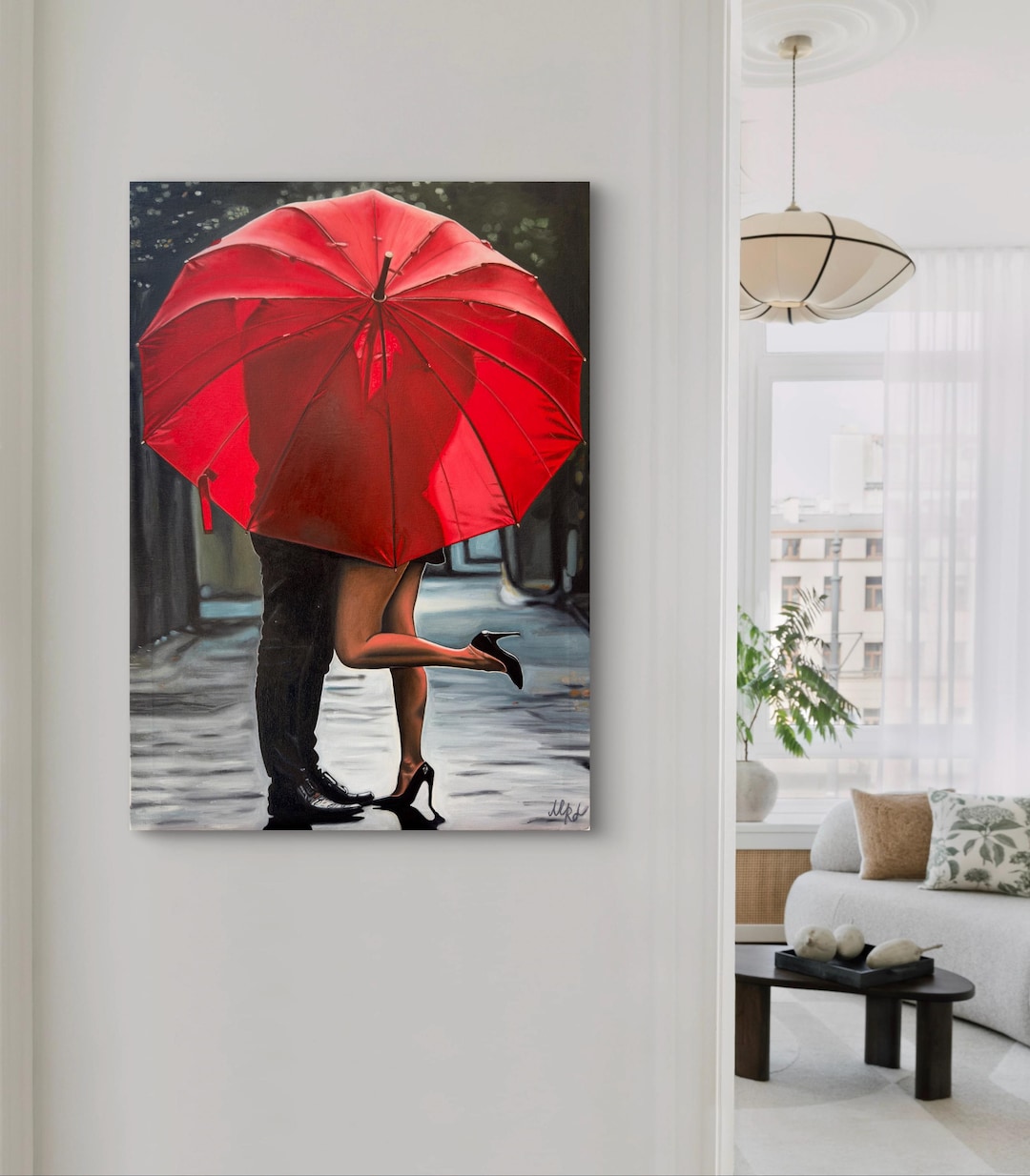 Romantic Couple Painting “love Under the Red Umbrella”. Realistic Art ...