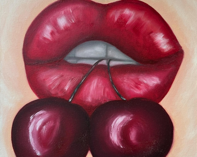 Lips With Cherries Oil Painting on Canvas, Lips and Cherries Art, Pink ...