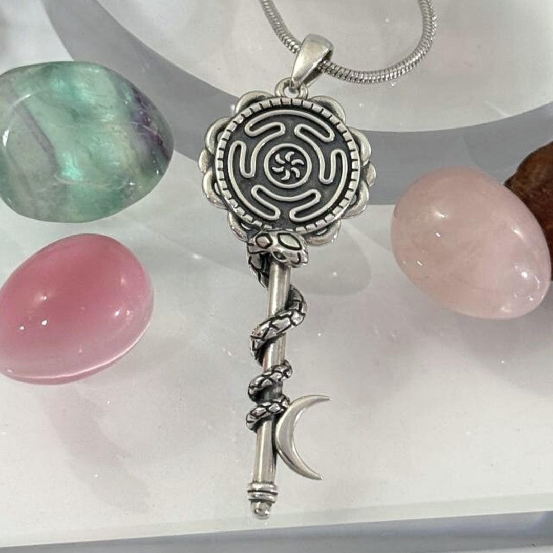 Hecate Snake Key Pendant With Moon and Labyrinth Symbol, Pagan Wiccan ...