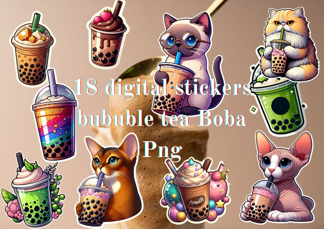 Bubble Tea Boba Digital Stickers: 18 Boba and Cat Drinking Boba ...