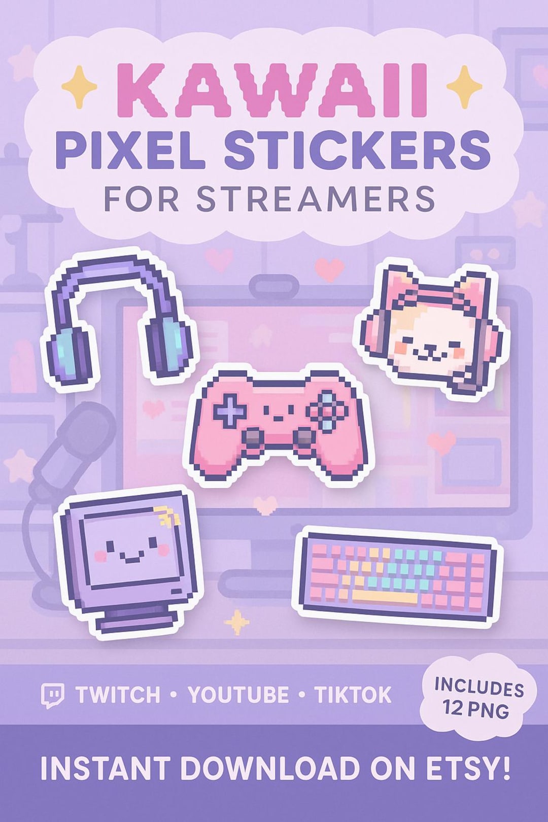 12 Kawaii Gaming Pixel Art Stickers – PNG for Twitch, Streamers ...