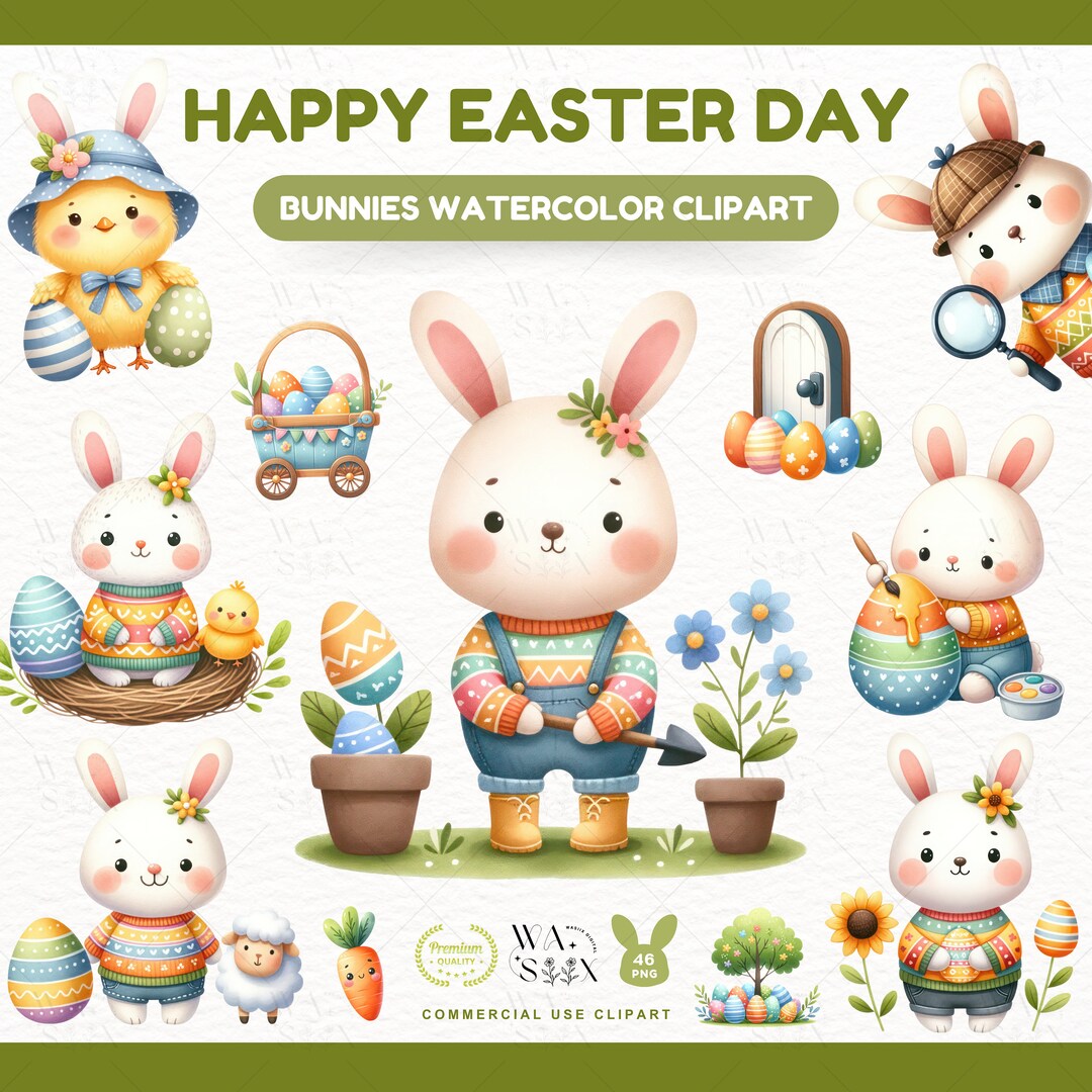Happy Easter Bunny Watercolor Clipart, Easter Eggs, Cute Rabbit, Spring ...