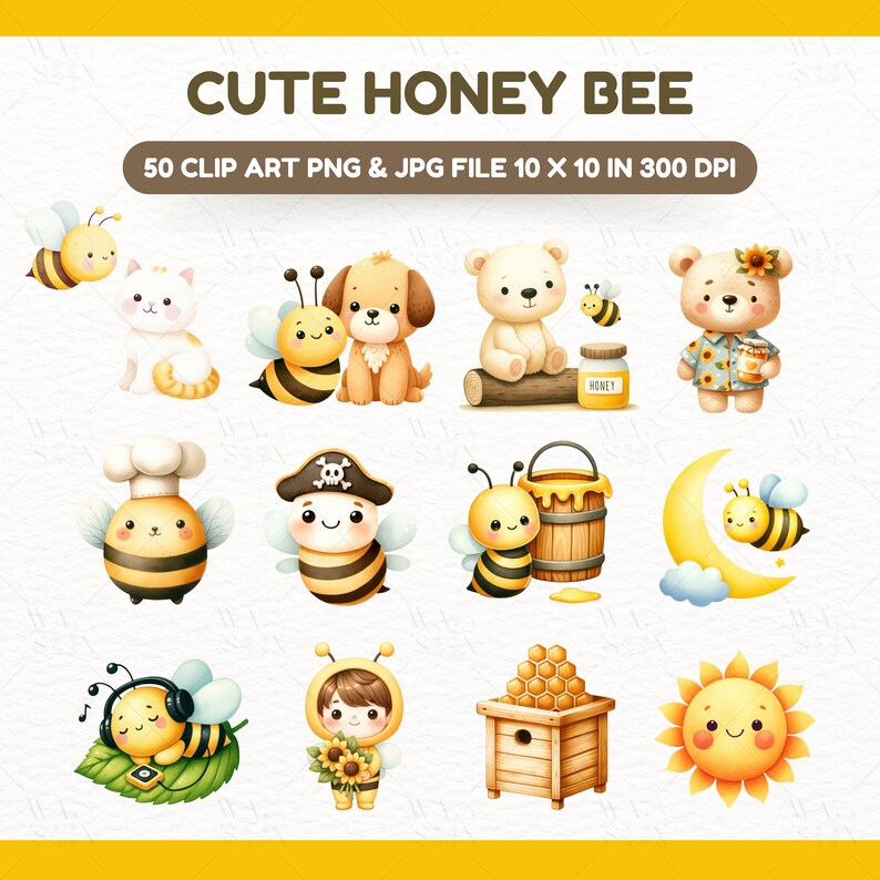 Cute Honey Bee Watercolor Clip Art Set, Bee Bear, Beehive, Honeycomb ...