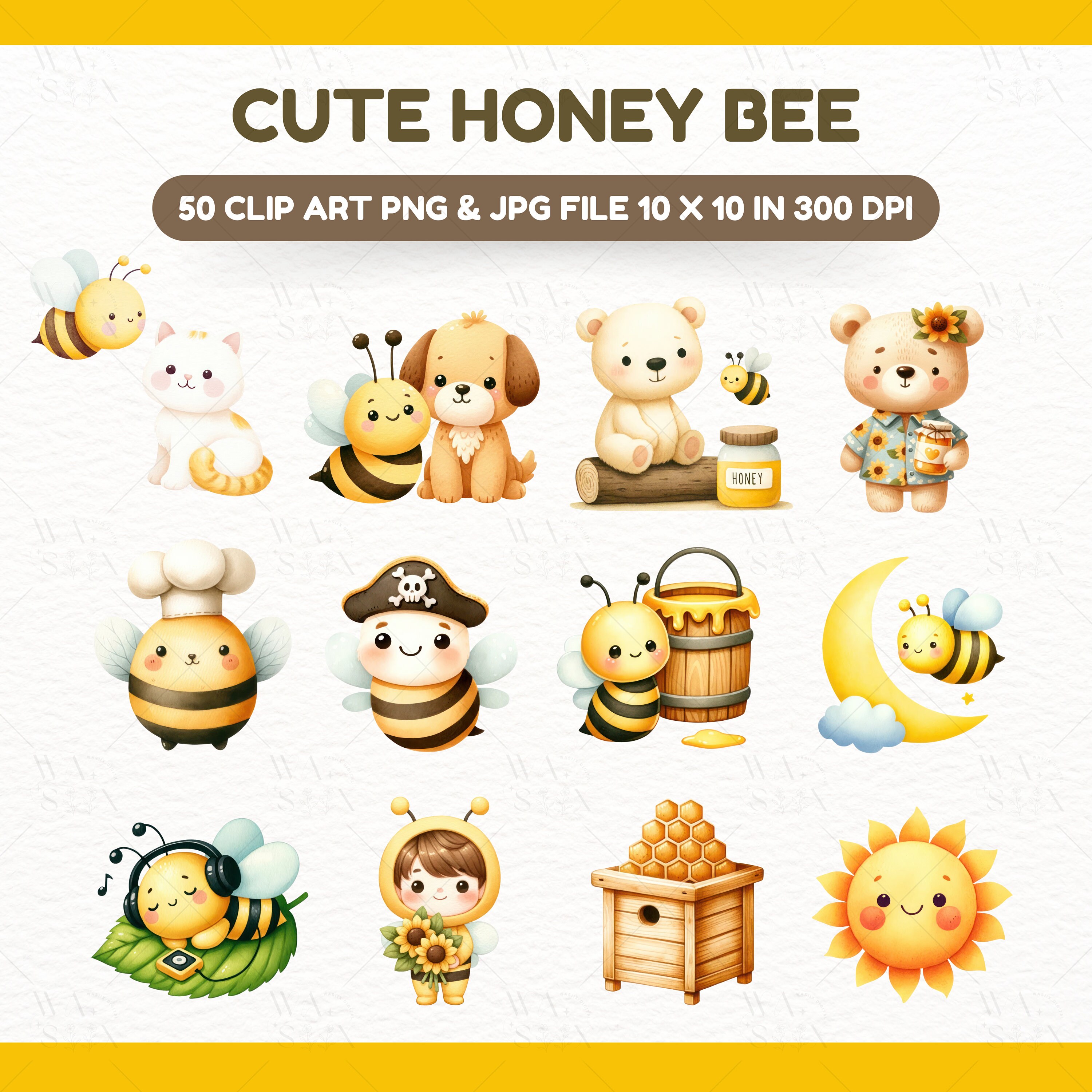 Cute Honey Bee Watercolor Clip Art Set, Bee Bear, Beehive, Honeycomb ...
