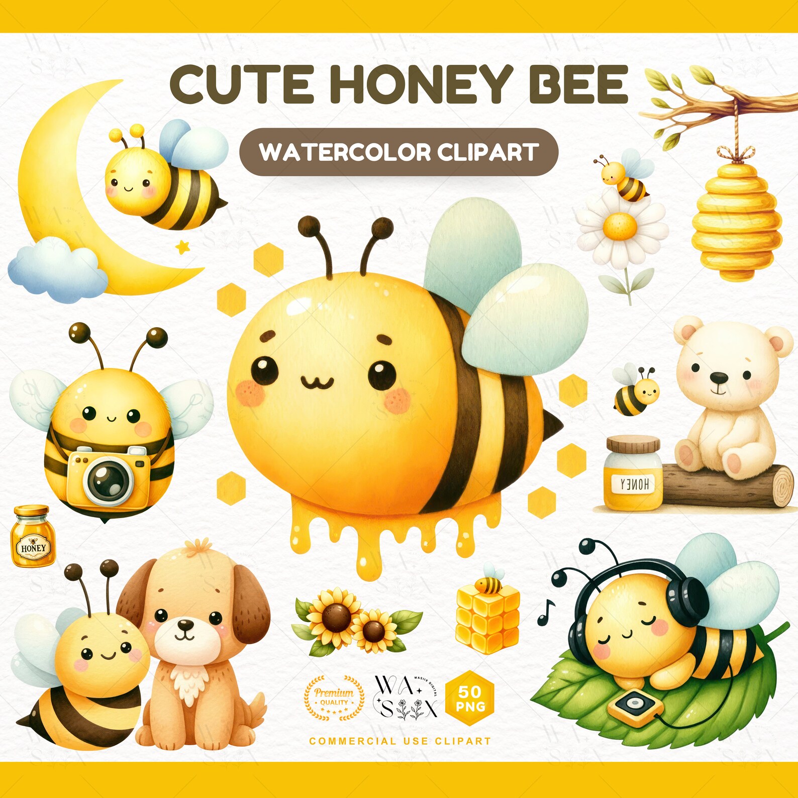 Cute Honey Bee Watercolor Clip Art Set, Bee Bear, Beehive, Honeycomb ...