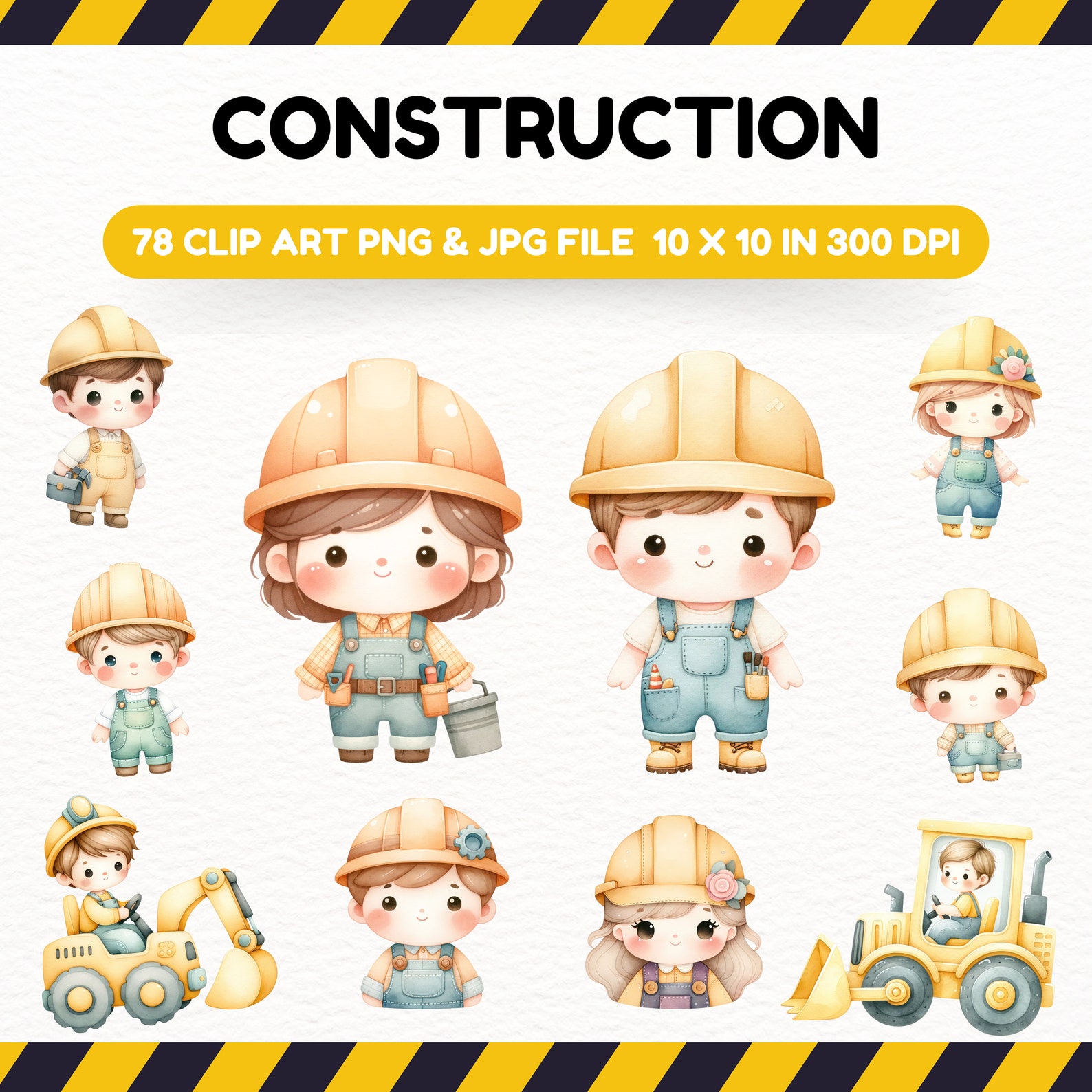 Watercolor Construction Clip Art Bundle for Kids, Bulldozer, Dump Truck ...