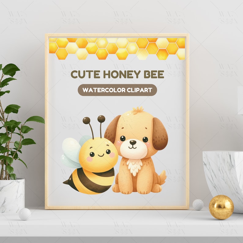 Cute Honey Bee Watercolor Clip Art Set, Bee Bear, Beehive, Honeycomb ...