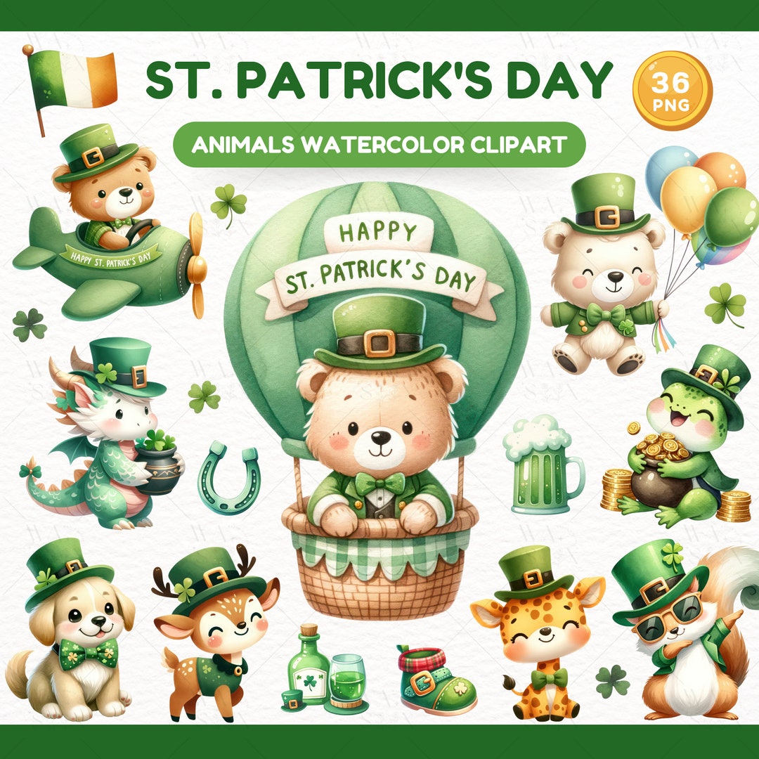 St. Patrick's Day Animals Watercolor Clip Art for Kids,bear,kitten ...