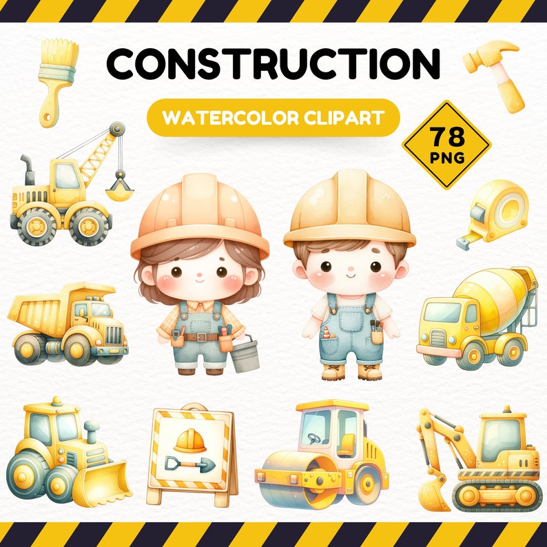 Watercolor Construction Clip Art Bundle for Kids, Bulldozer, Dump Truck ...