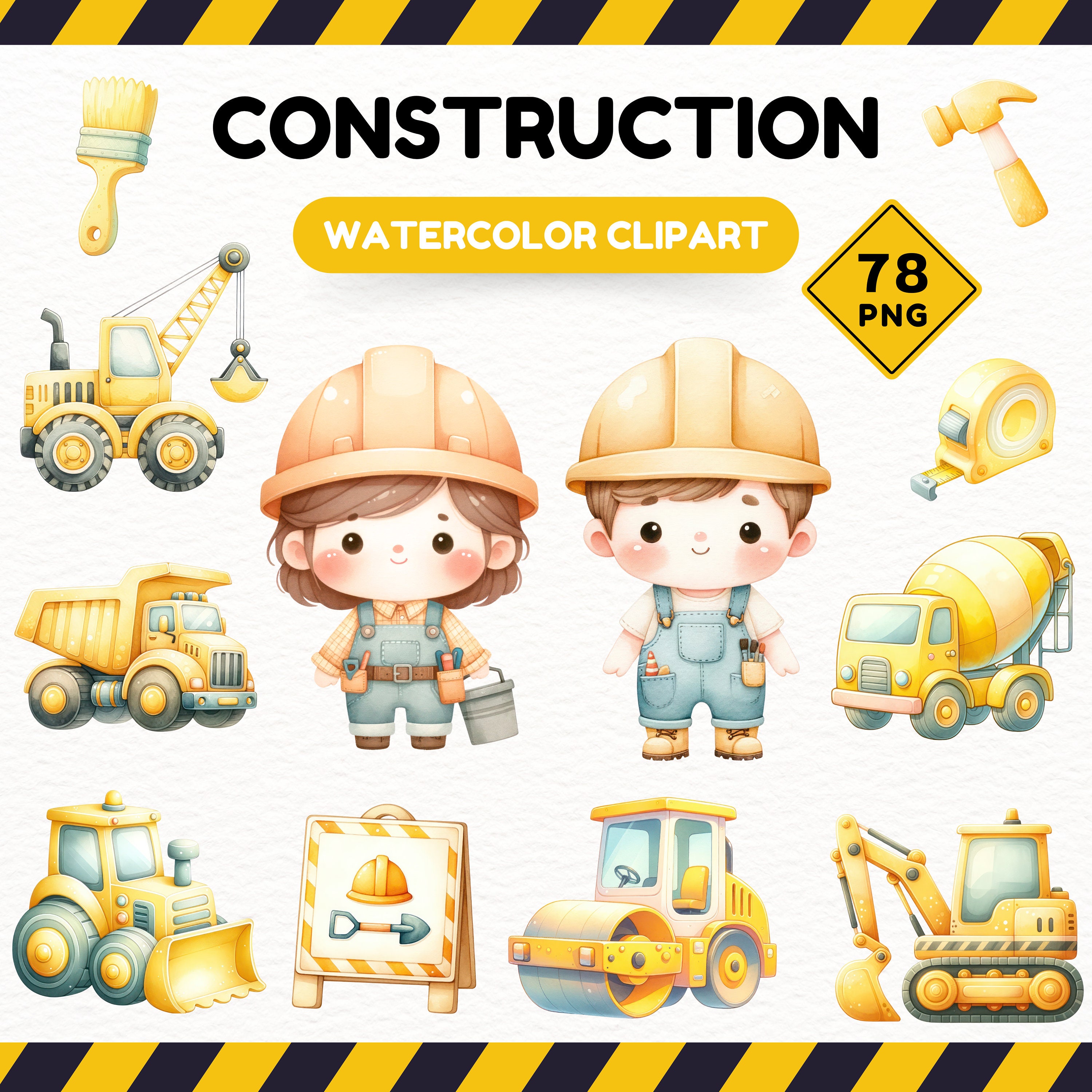 Watercolor Construction Clip Art Bundle for Kids, Bulldozer, Dump Truck ...
