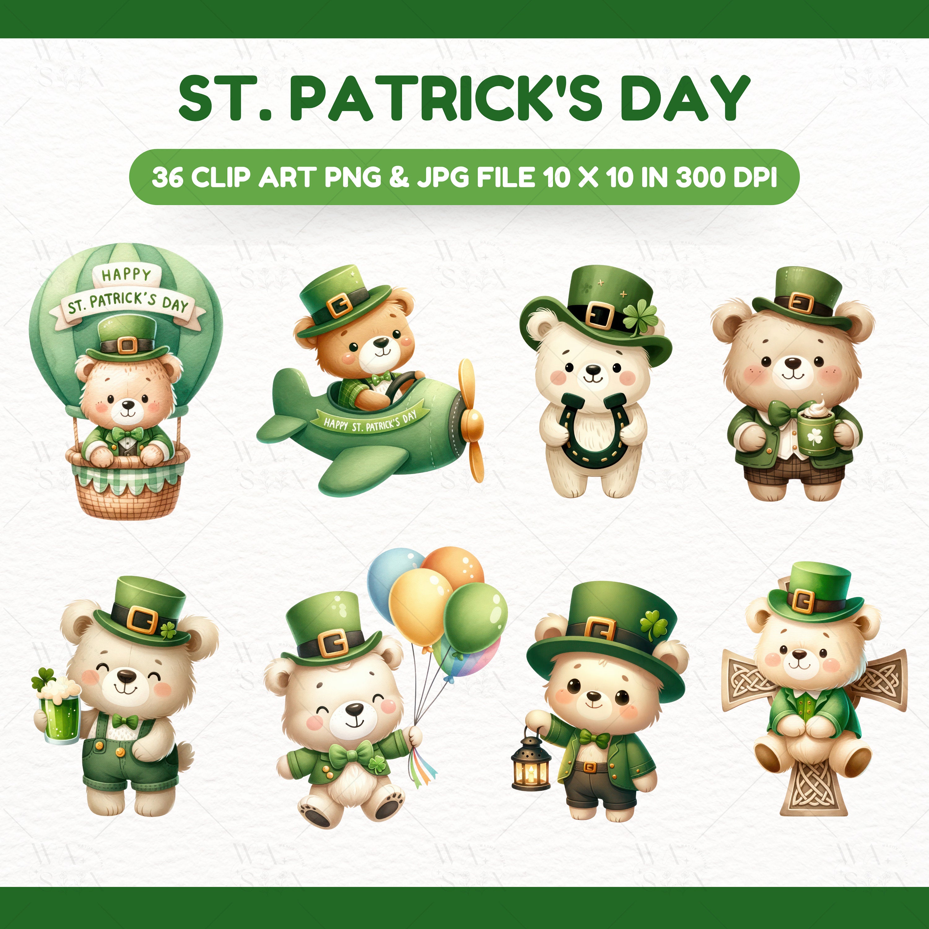 St. Patrick's Day Animals Watercolor Clip Art for Kids,bear,kitten ...