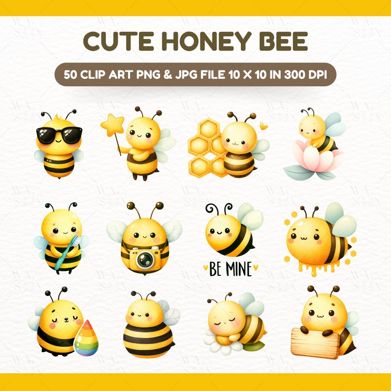Cute Honey Bee Watercolor Clip Art Set, Bee Bear, Beehive, Honeycomb ...