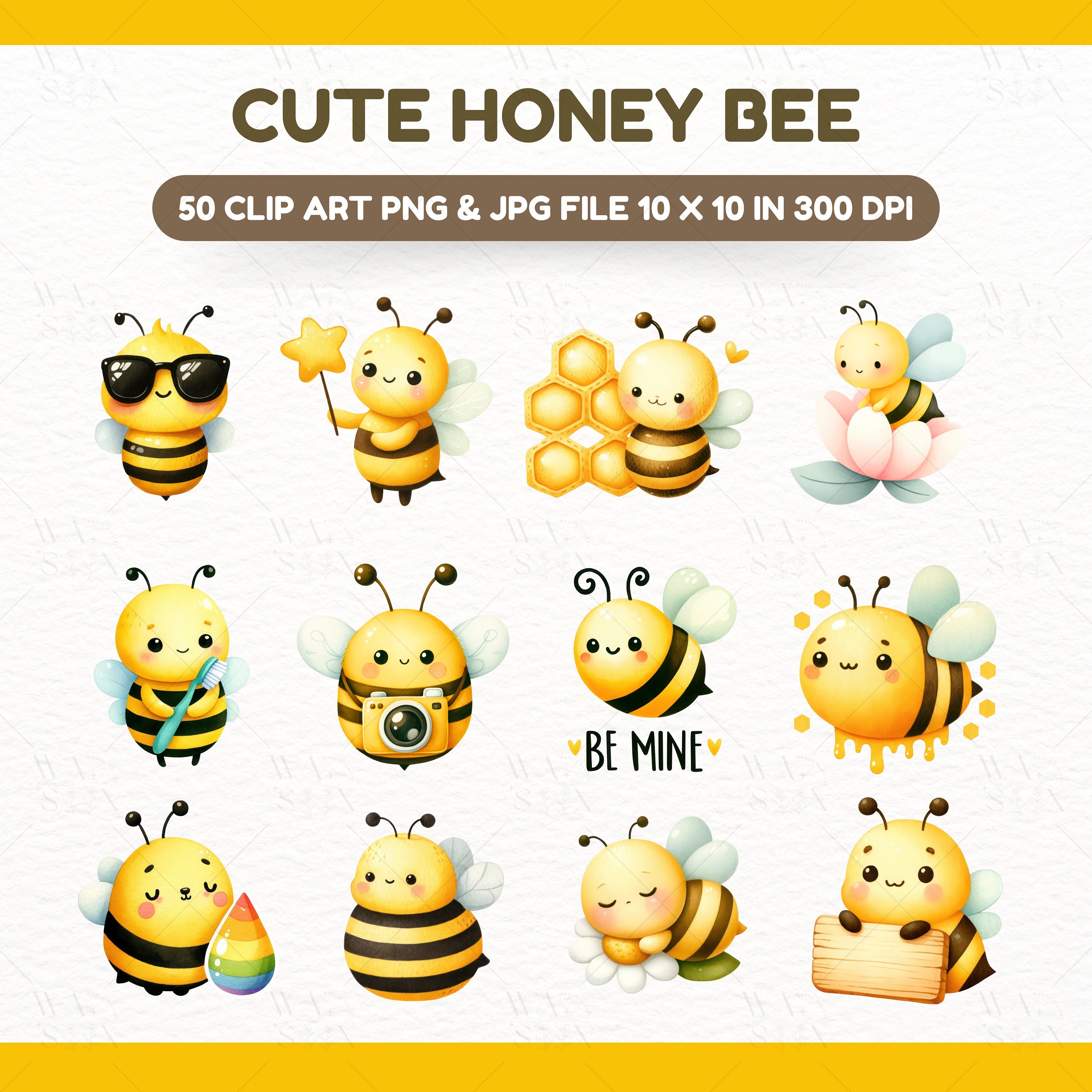 Cute Honey Bee Watercolor Clip Art Set, Bee Bear, Beehive, Honeycomb ...