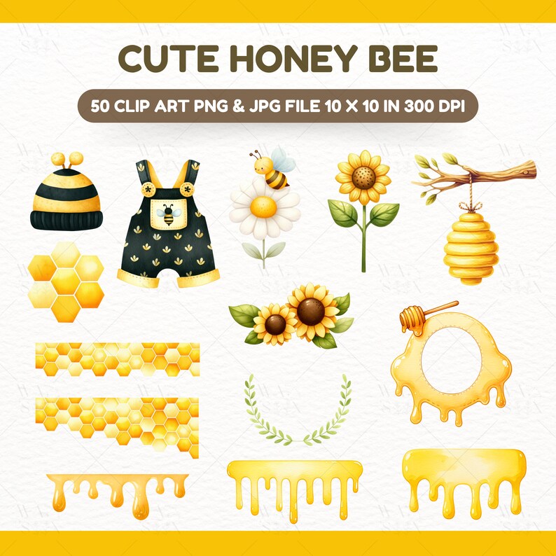 Cute Honey Bee Watercolor Clip Art Set, Bee Bear, Beehive, Honeycomb ...