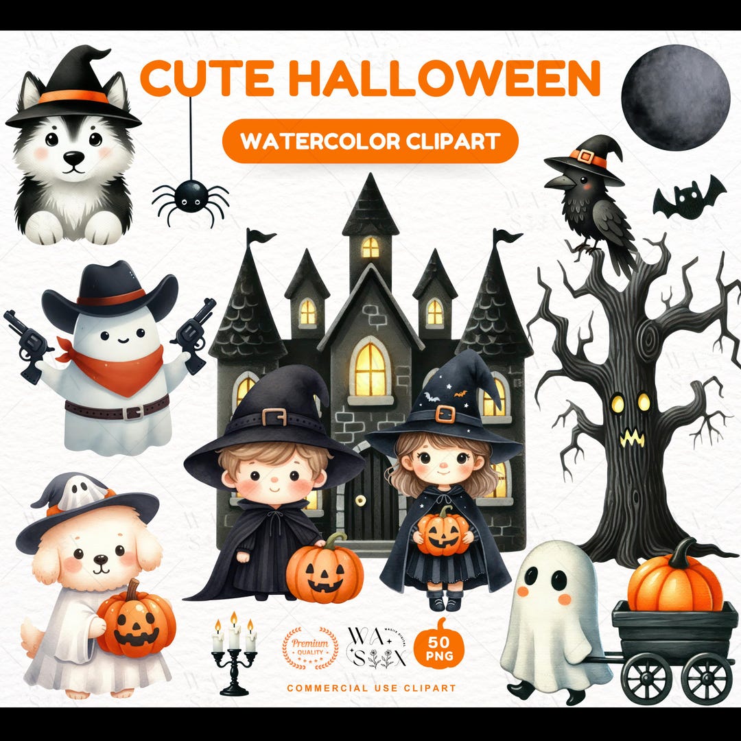 Watercolor Cute Halloween Clip Art Bundle for Kids, Witch Png, Pumpkin ...
