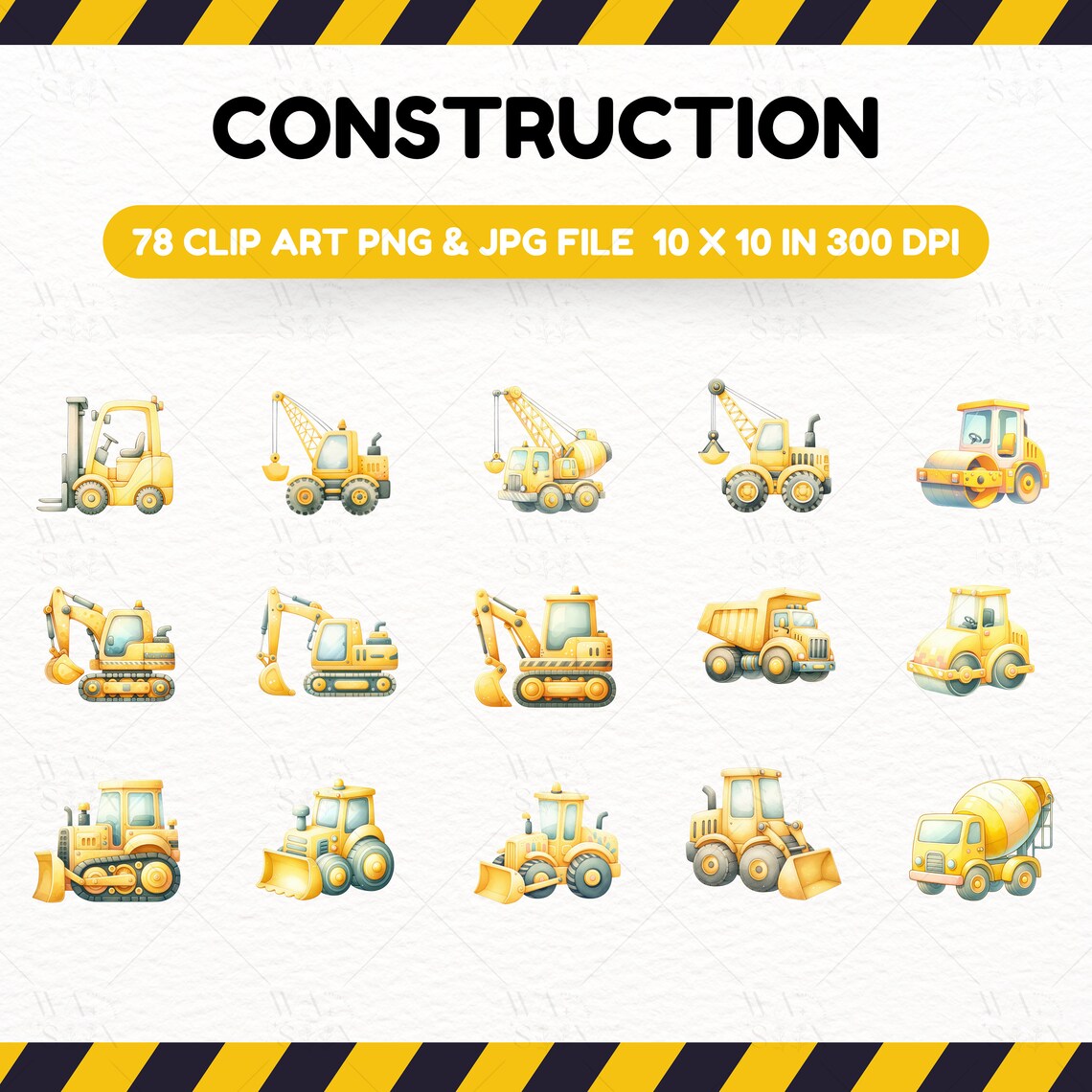 Watercolor Construction Clip Art Bundle for Kids, Bulldozer, Dump Truck ...