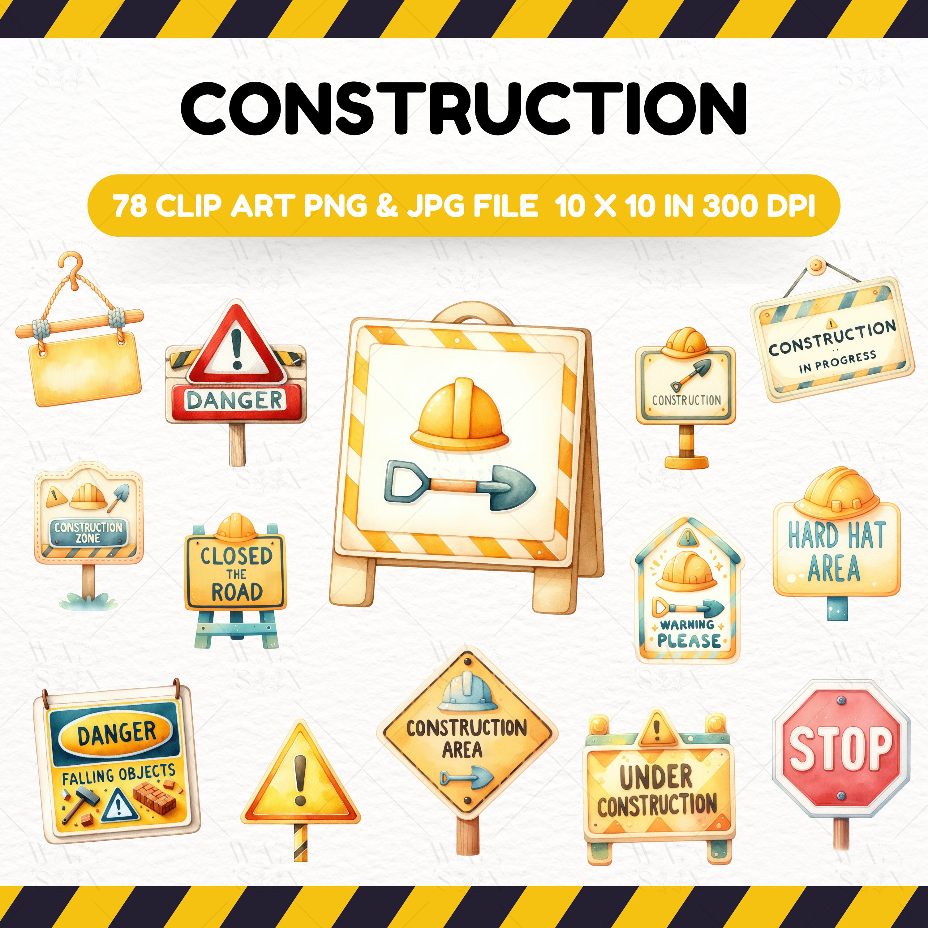 Watercolor Construction Clip Art Bundle for Kids, Bulldozer, Dump Truck ...