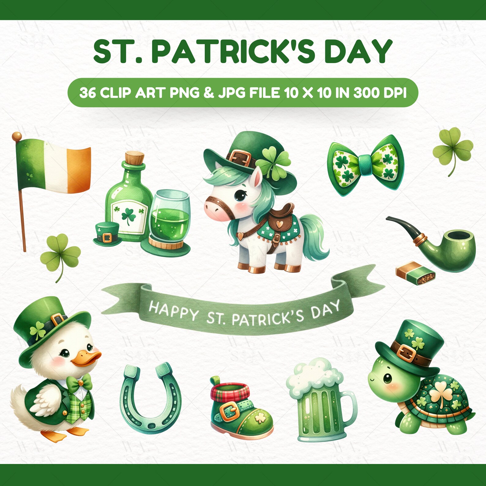 St. Patrick's Day Animals Watercolor Clip Art: Nursery Decor (PNG, JPG ...