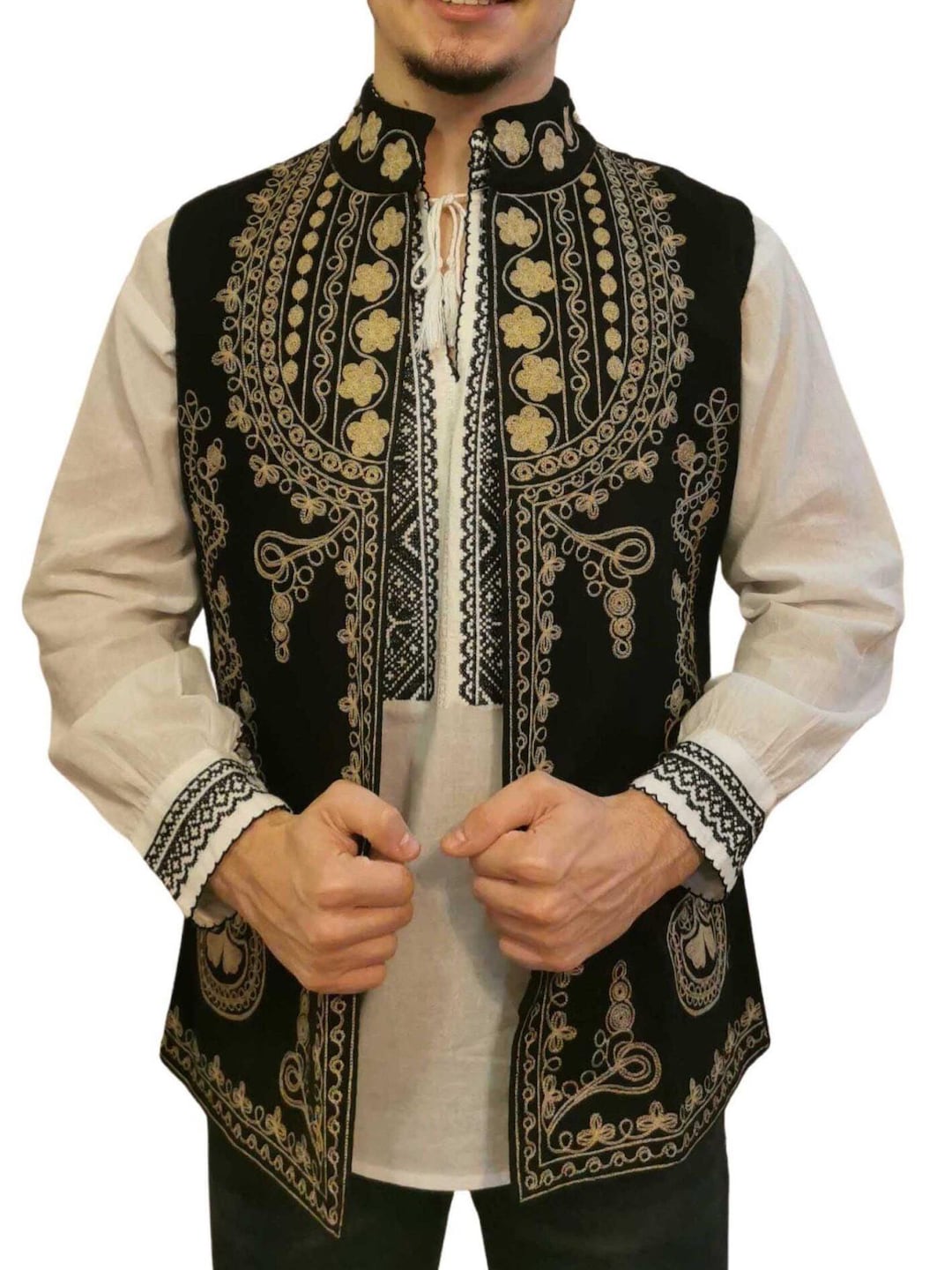 Romanian Embroidered Men’s Waistcoat – Black Wool Folk Vest ...