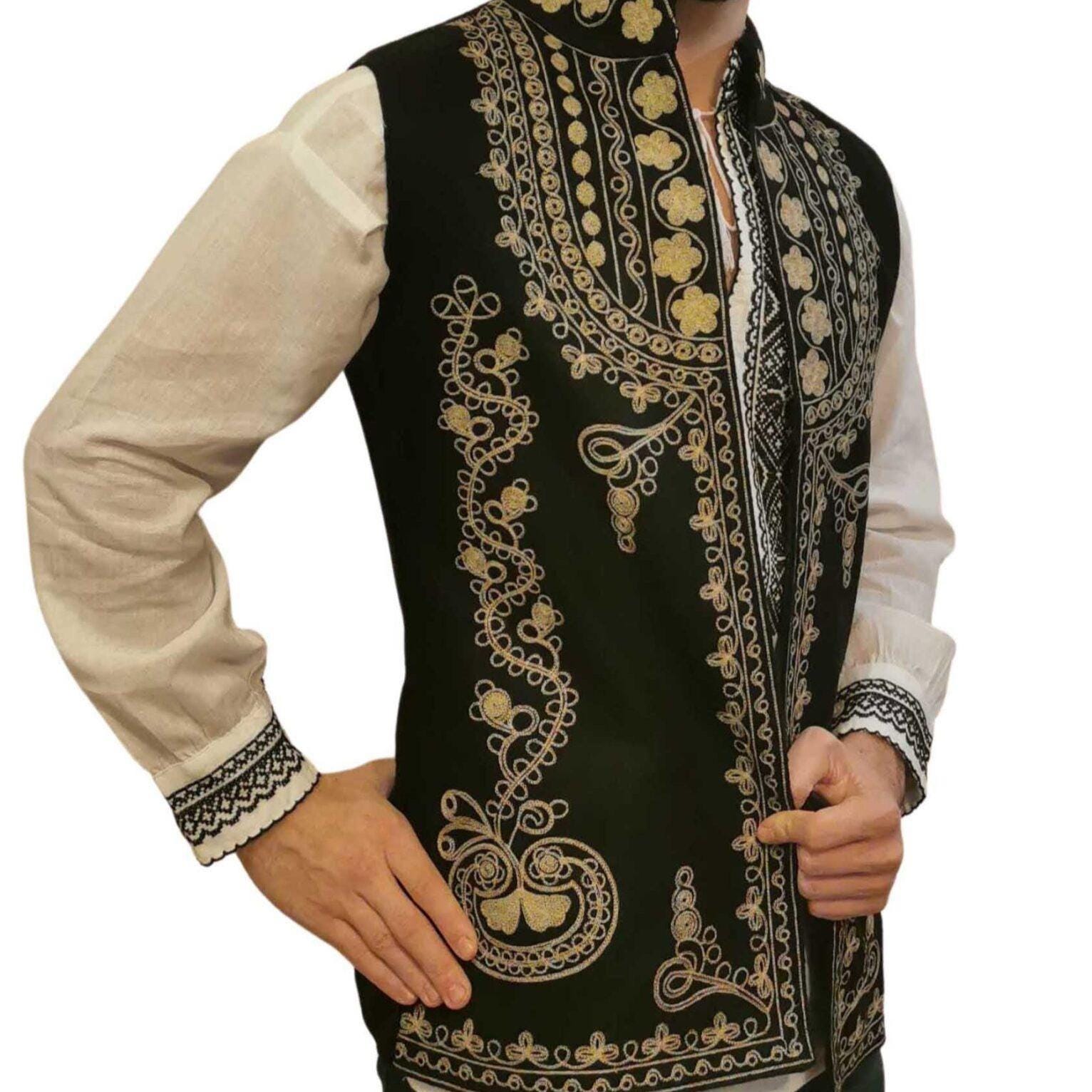 Romanian Embroidered Men’s Waistcoat – Black Wool Folk Vest ...