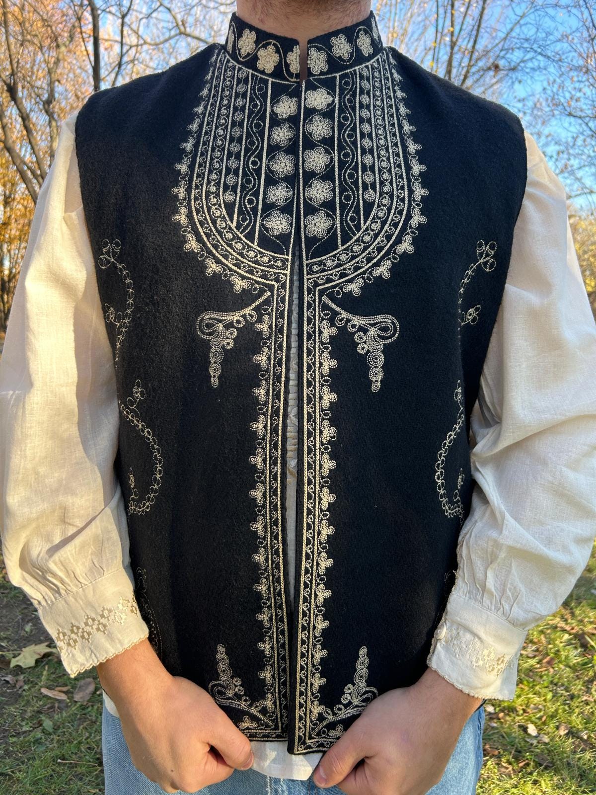 Romanian Embroidered Men’s Waistcoat – Black Wool Folk Vest ...
