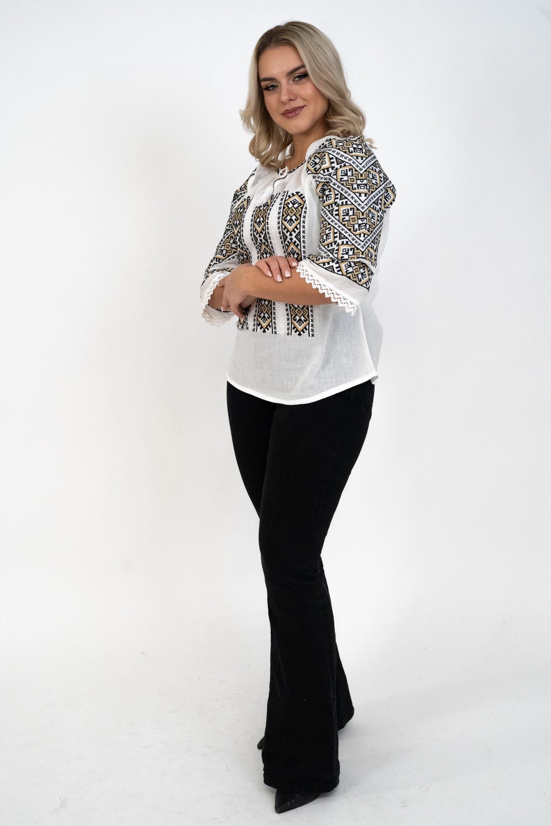 Romanian Blouse Geometric Black Gold – Traditional Handmade Folk Shirt ...