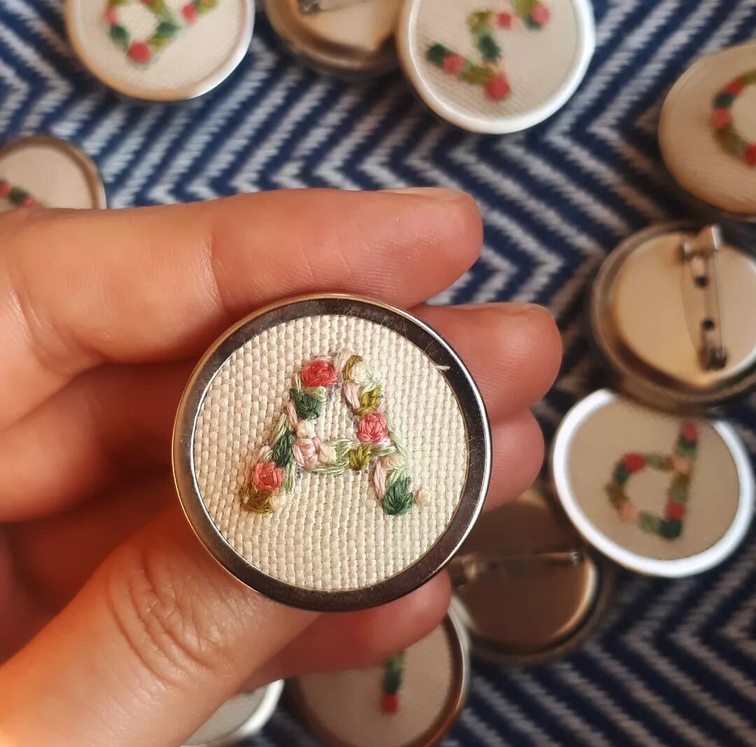 Letter Hand Embroidered Floral Pins, Initial Name Embroidered Brooch ...