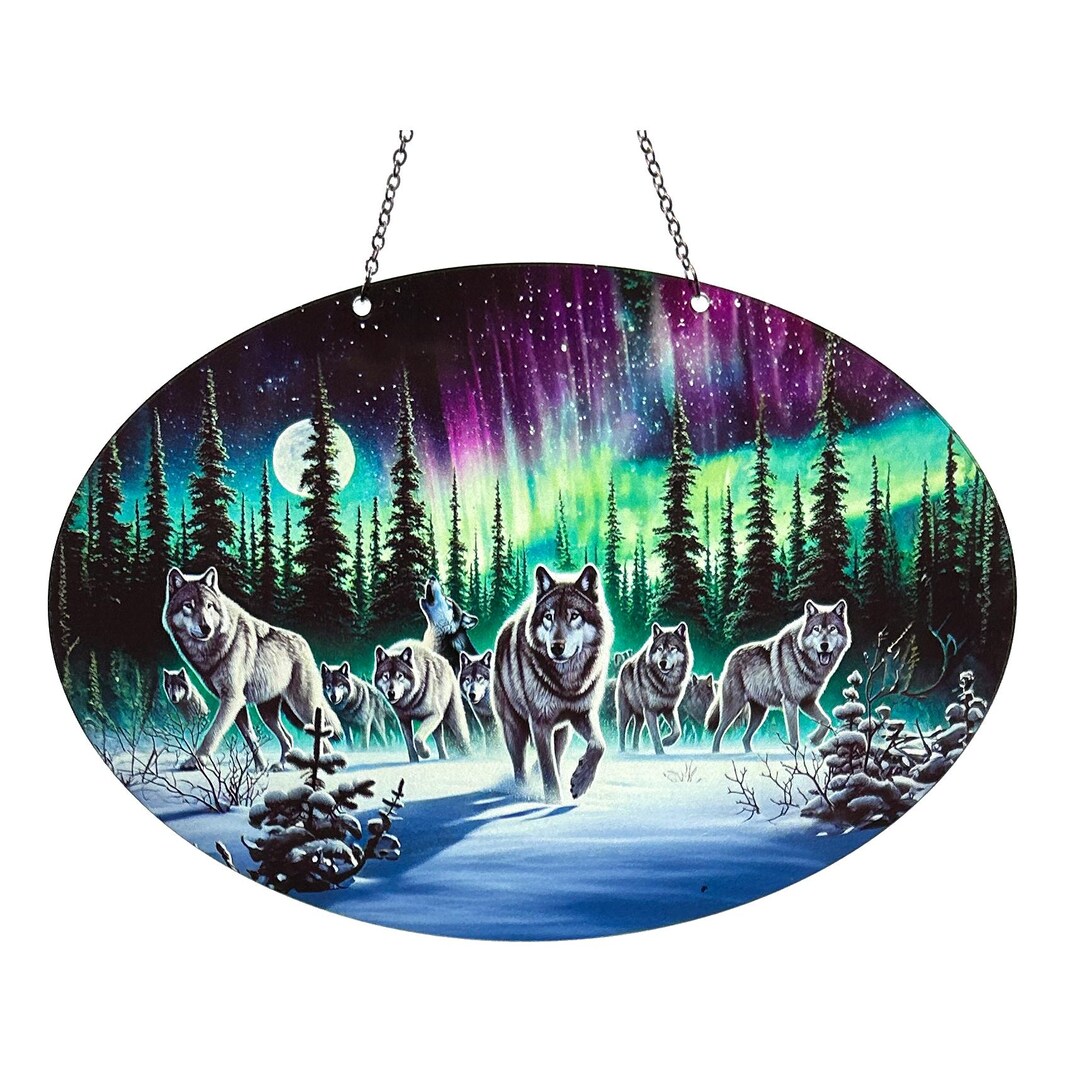 D’ears Wolf Pack Oval Suncatcher, Detailed Illustration of Wolves in ...