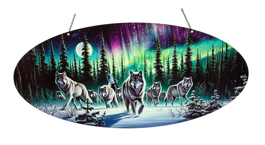 D’ears - Large Oval Wolf Pack Suncatcher, Detailed Illustration of ...