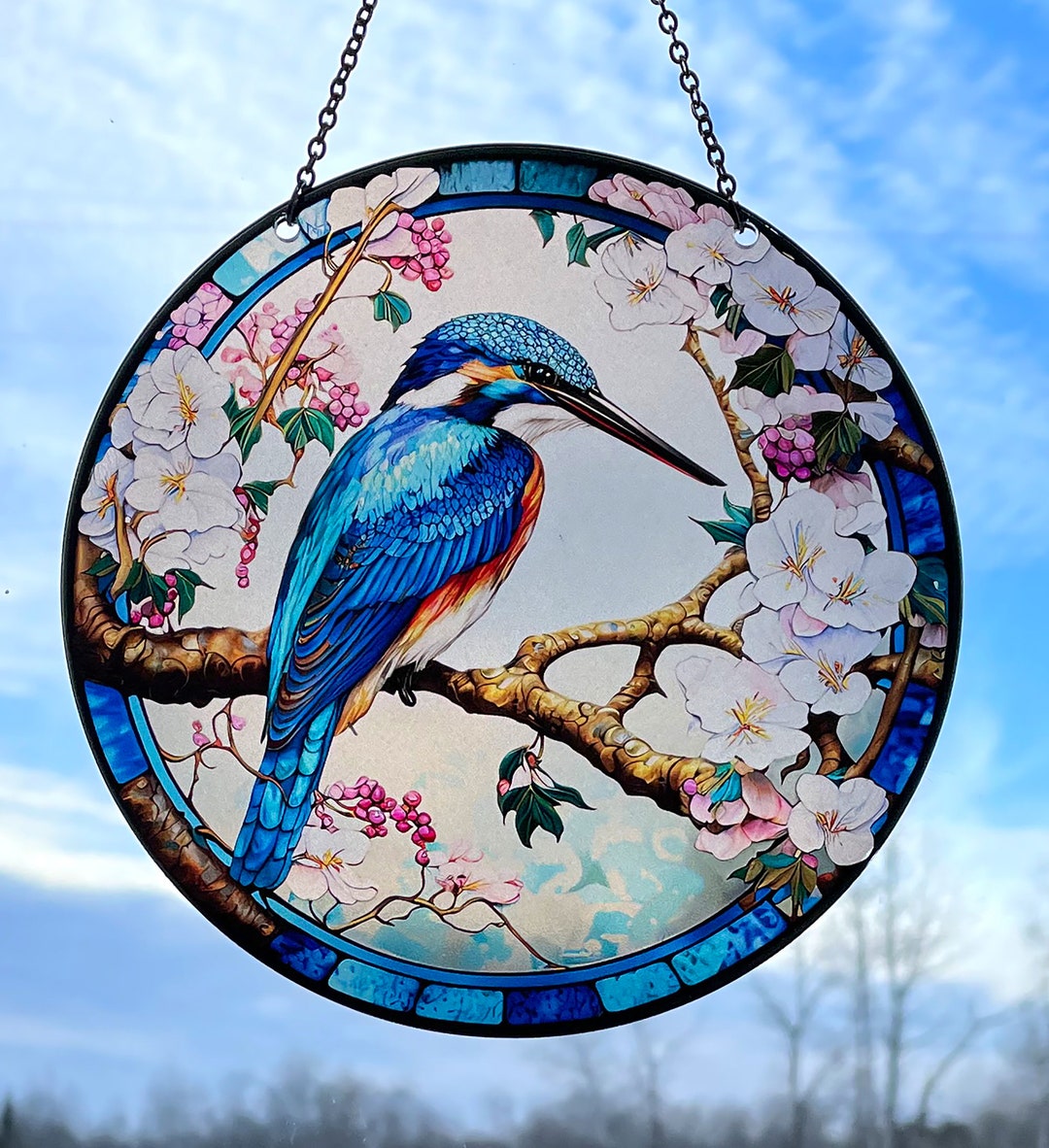 Kingfisher - Bird Suncatcher With Chain - Faux Stained Glass - Acrylic ...