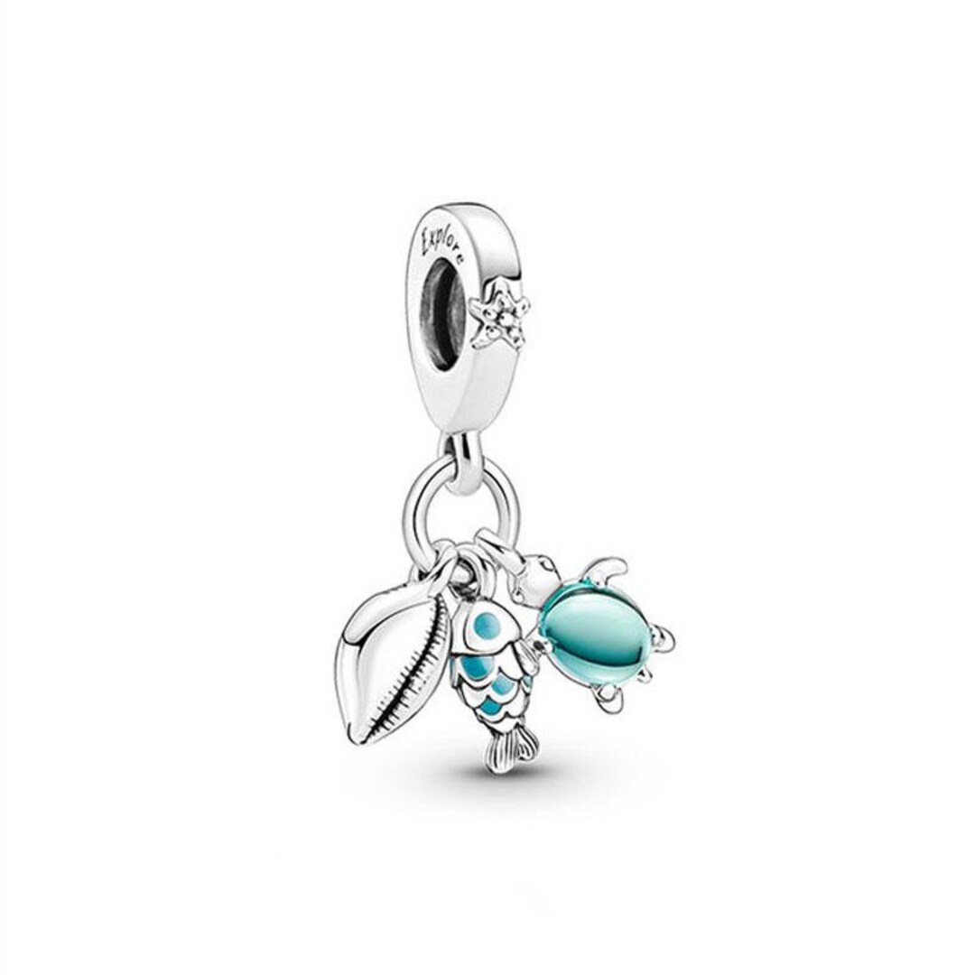 Fish Sea Turtle Conch Triple Dangle Dangle Charm Sterling Silver 925 ...