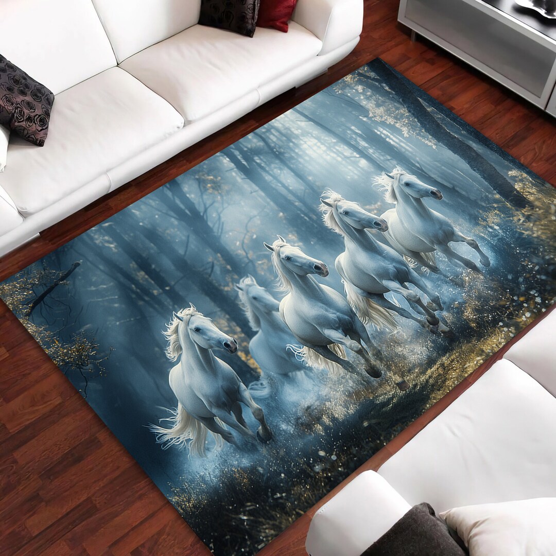 Horse Rug, Horse Area Rug, White Horses Rug, Animal Rug, Riding Horses ...