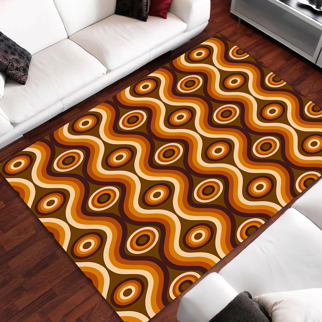 Mid Century Rug, Retro Rug, Brown Orange Retro Mid Century Rug, Retro ...